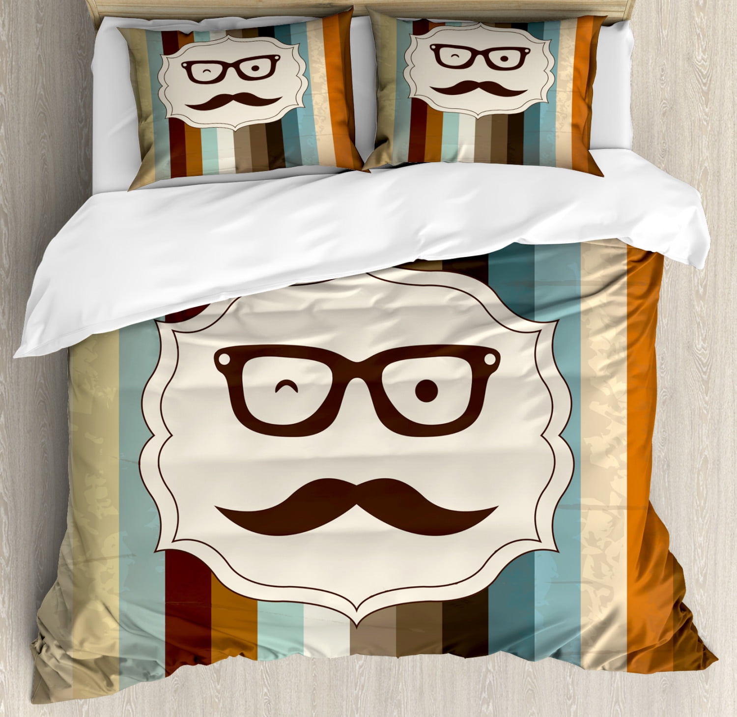 Modern Duvet Cover Set, Funny Man Face with Moustache and Glasses ...