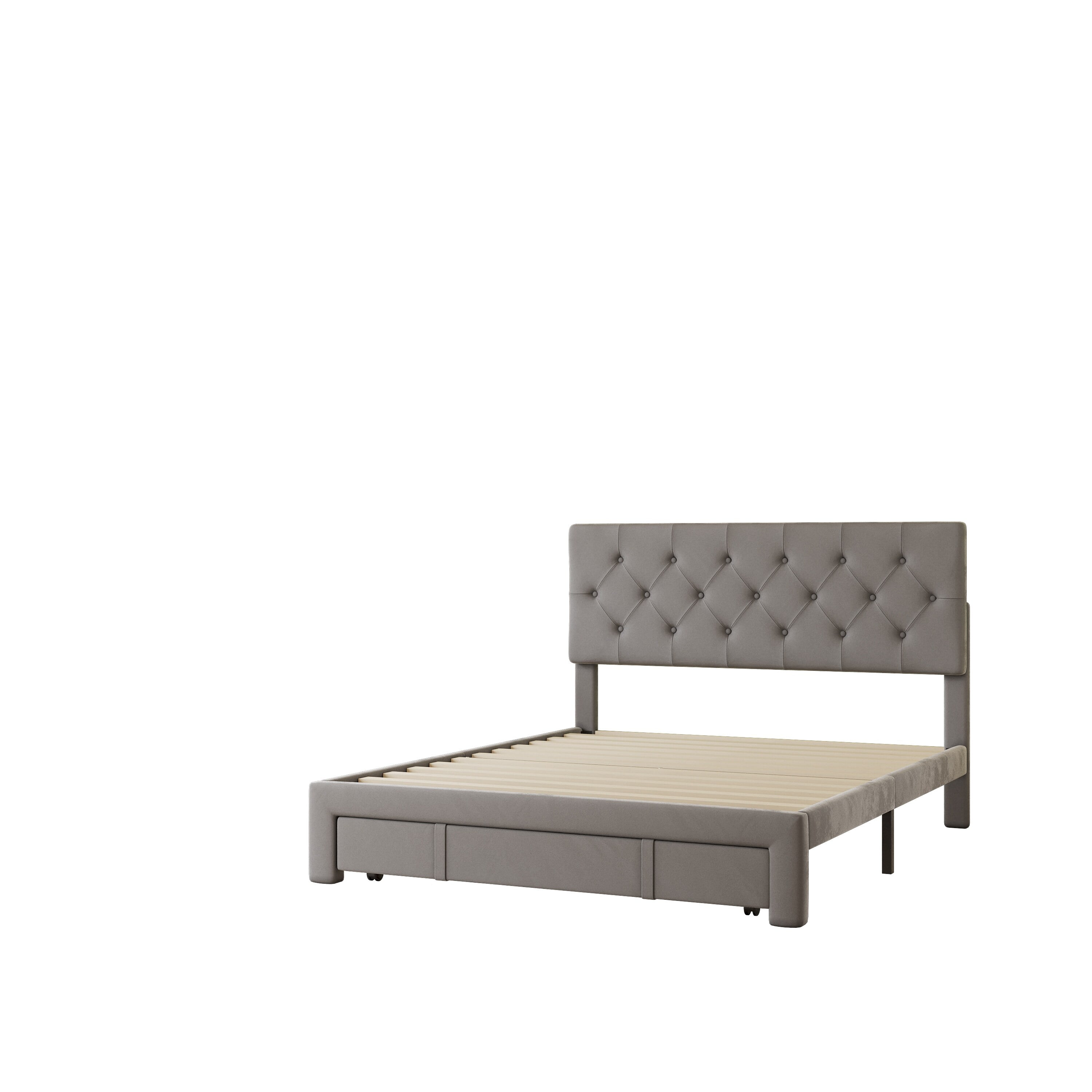 Modern Queen Size Storage Bed Velvet Upholstered Platform Bed Grey ...