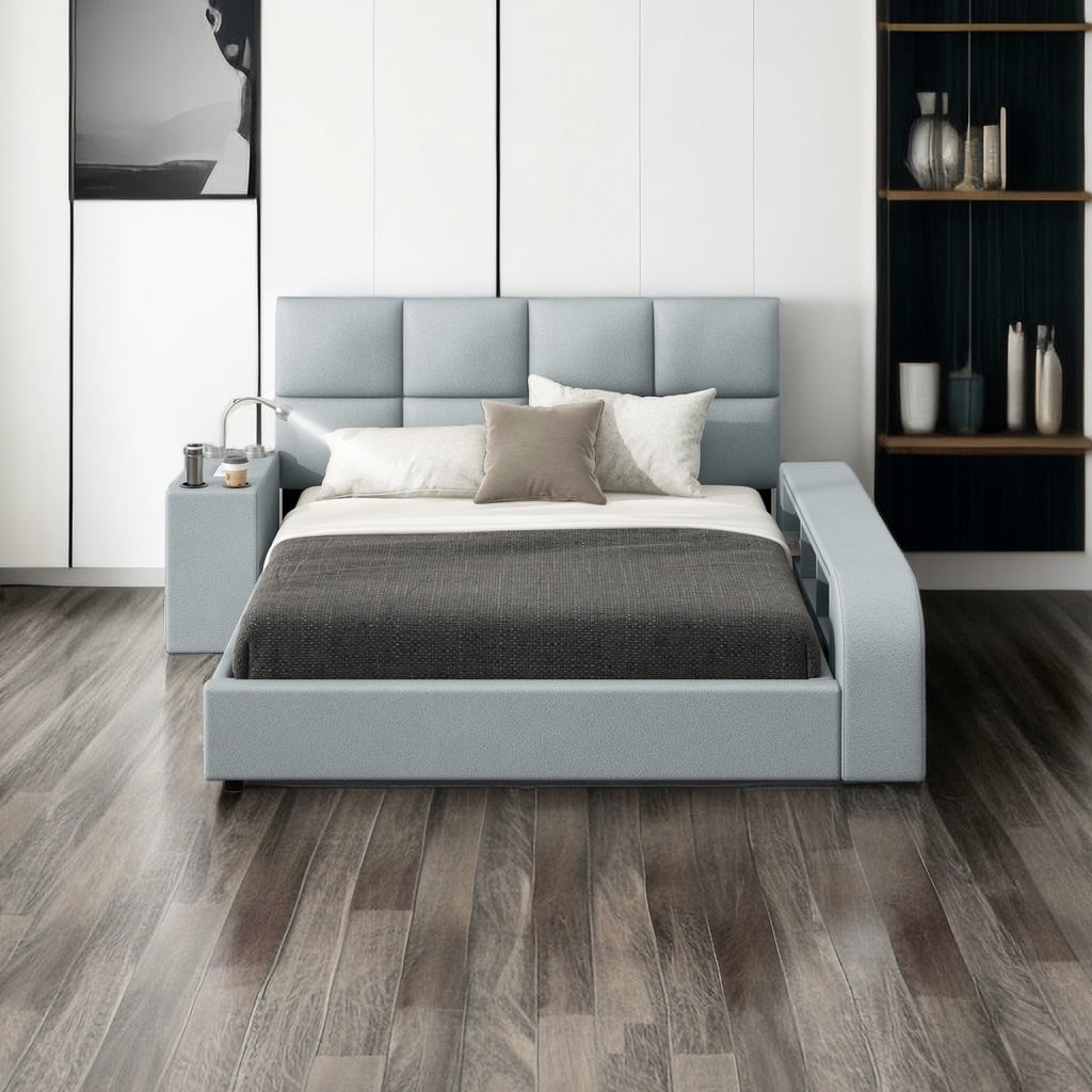 Modern Queen Size Upholstered Platform Bed with Multimedia Nightstand ...