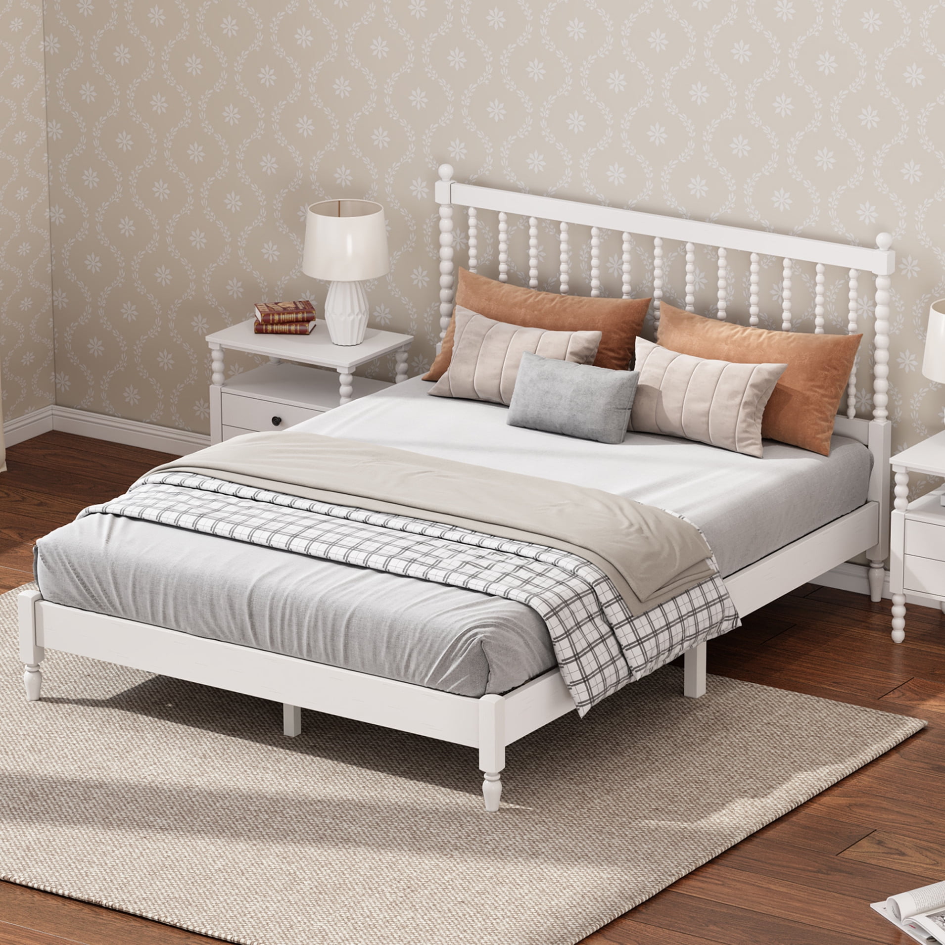 Modern Queen Size Wood Platform Bed Frame with Gourd Shaped Headboard, Easy to Assemble, No Box ...