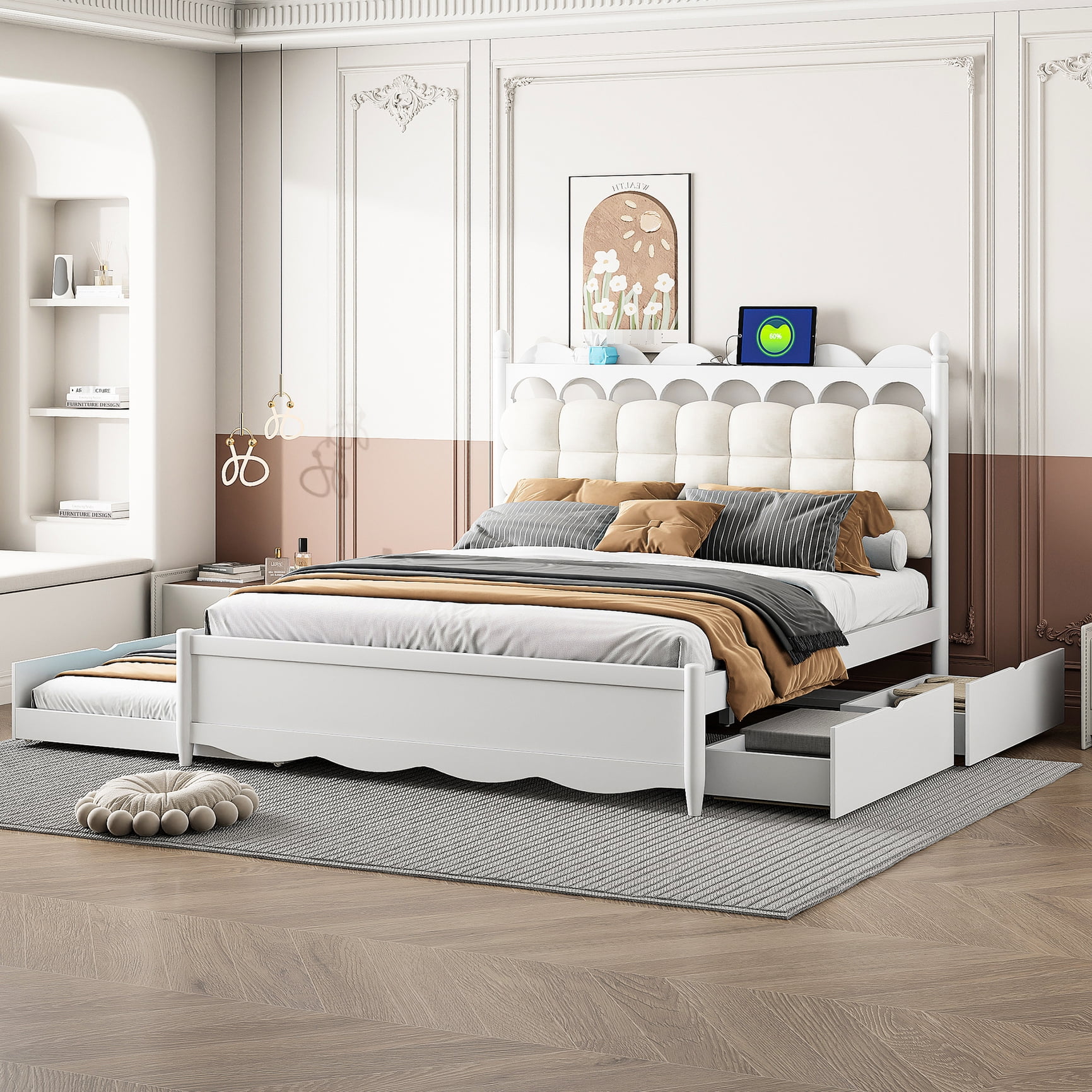 Modern Queen Storage Bed With Ports And Trundle, White - Smart Bedroom ...