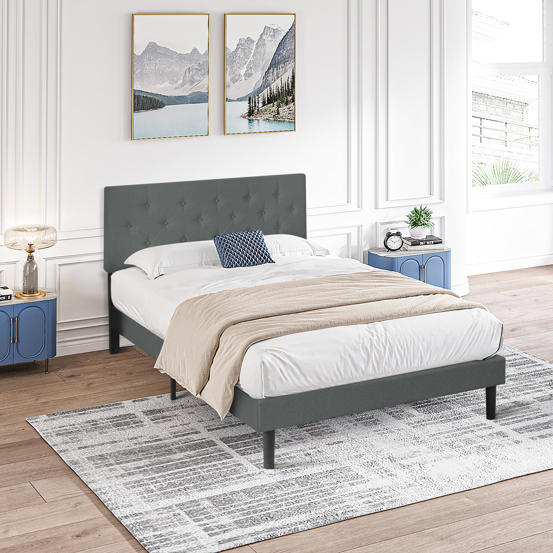 Modern Queen Upholstered Bed With Dark Gray Headboard, No Box Spring ...