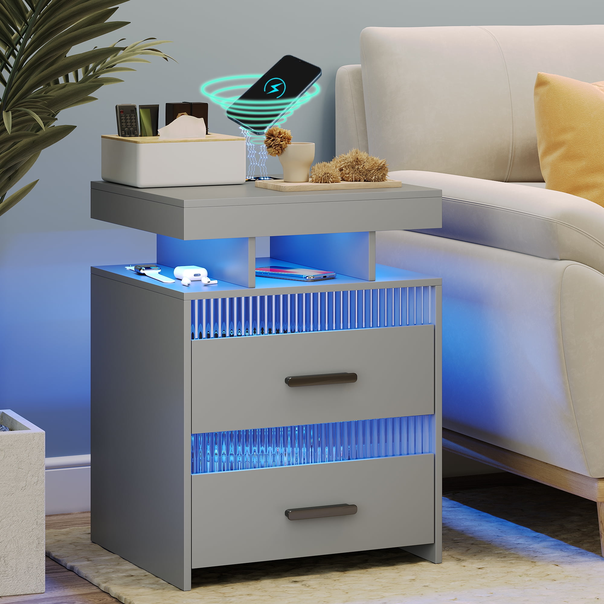 Modern RGB Smart Nightstand with Wireless Charging Station, USB Port ...
