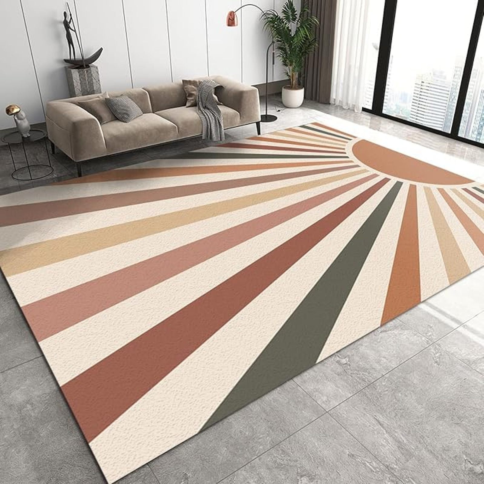 Modern Rainbow Sun Area Rug, Nordic Bohemian Grunge Theme Non Slip Kids ...