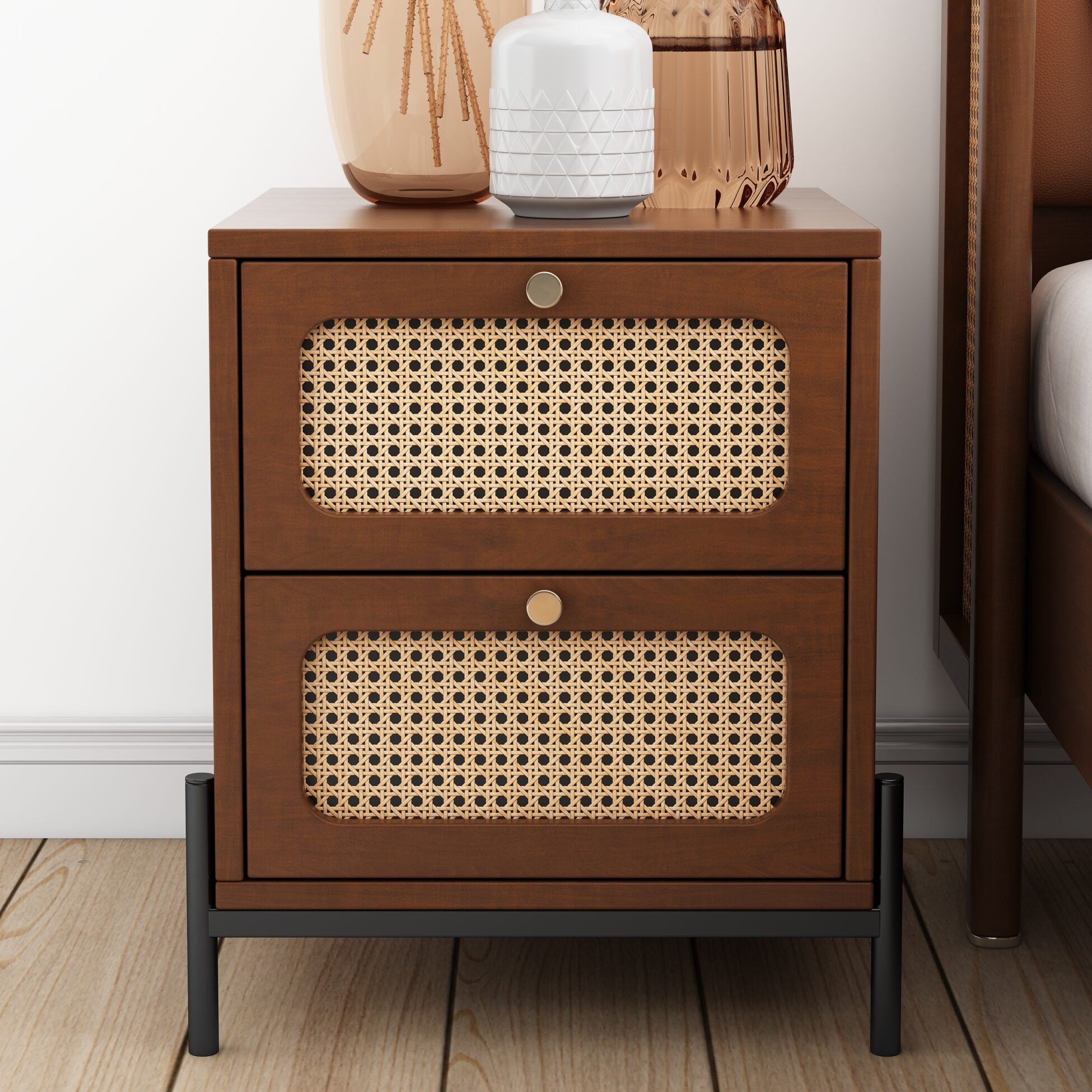 Modern Rattan 2-drawer Nightstand,End Table with Metal Legs and Round ...