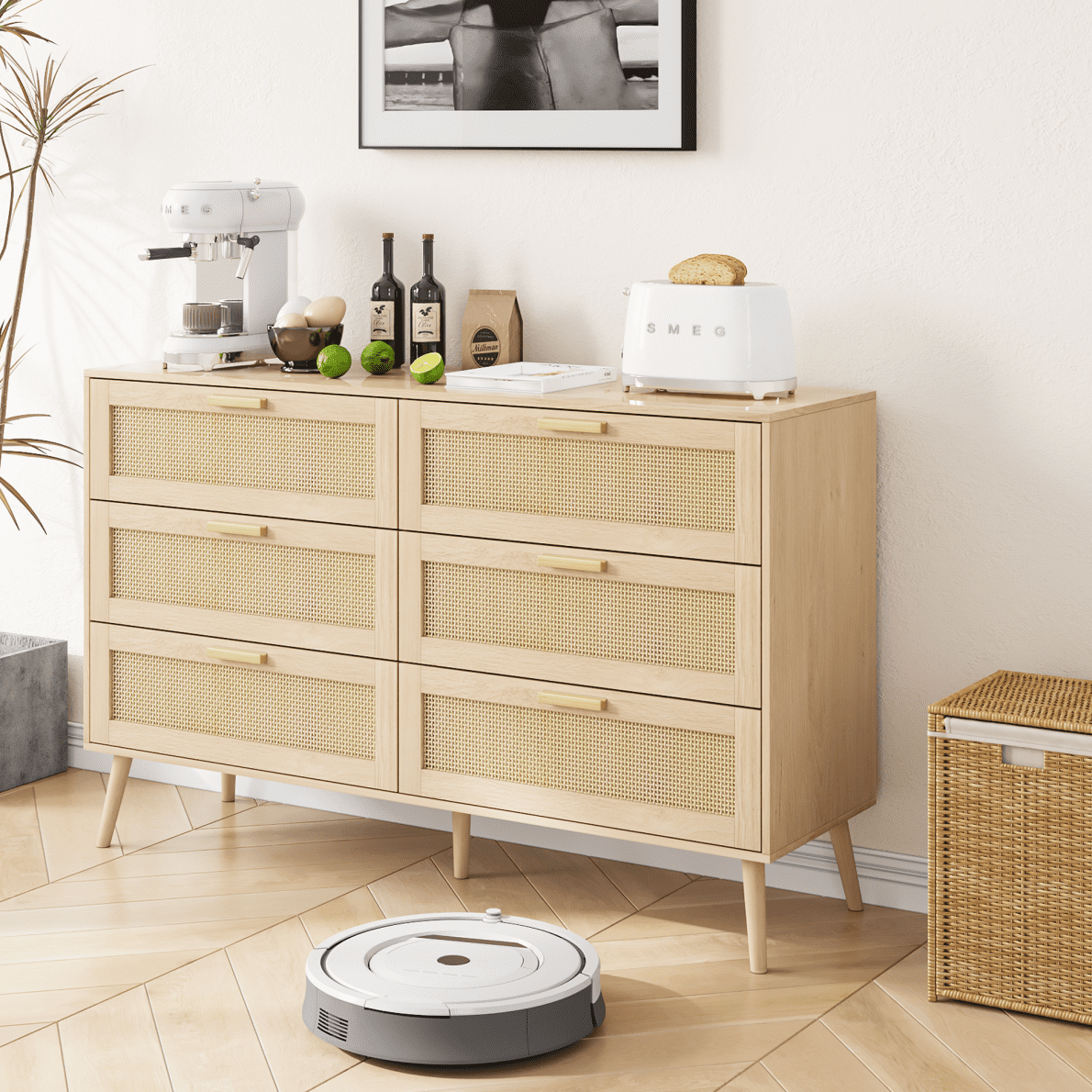 Modern Rattan 6-Drawer Chest with Wood Handles, Spacious Storage for ...