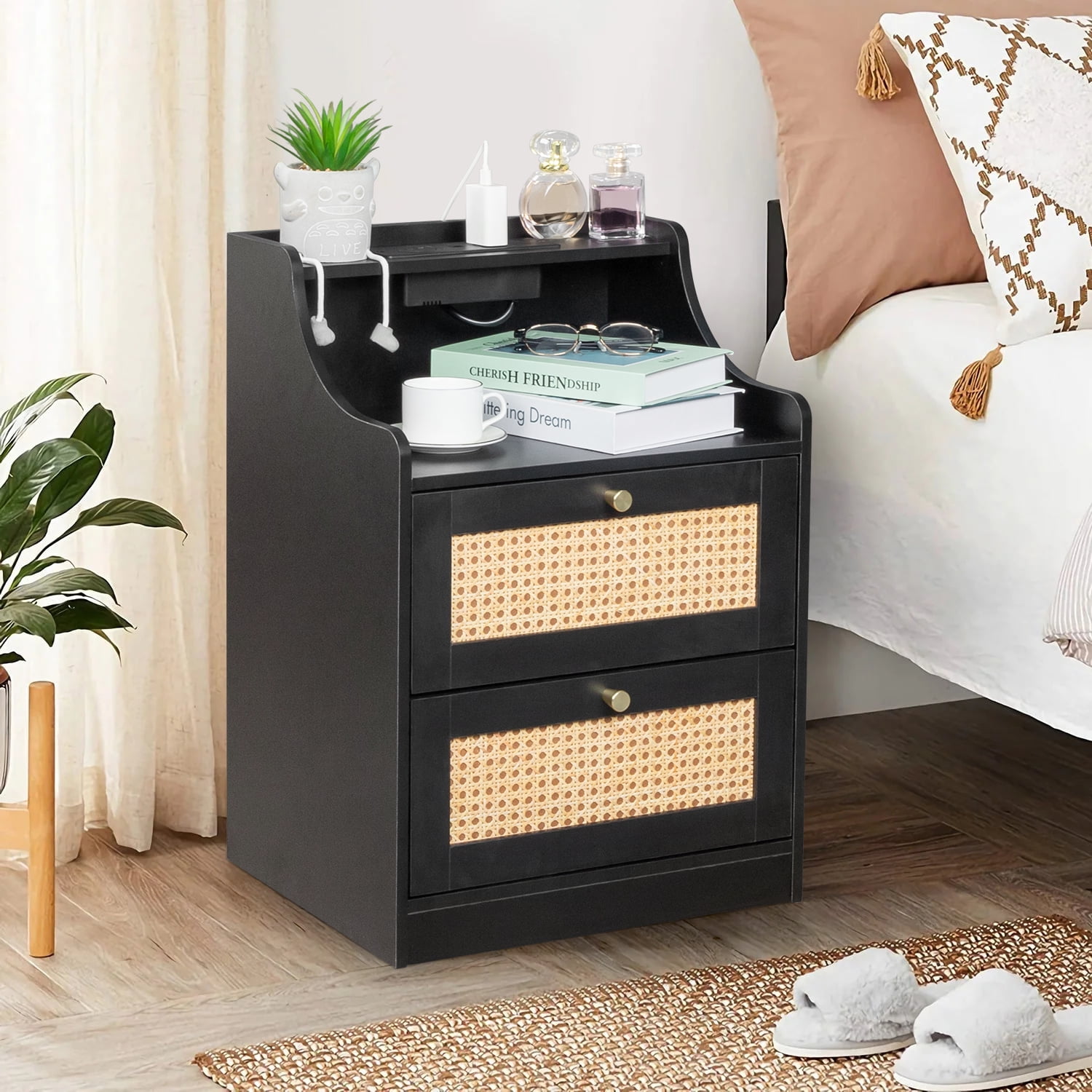 Modern Rattan Bedside Table with USB and Wireless Charging Ports, 2 ...