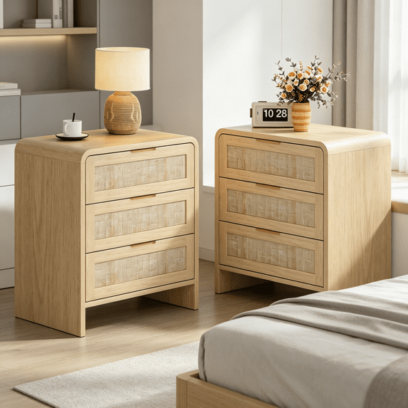 Modern Rattan Nightstand Set of 2, 3-Drawer Curved Bedside Tables with ...