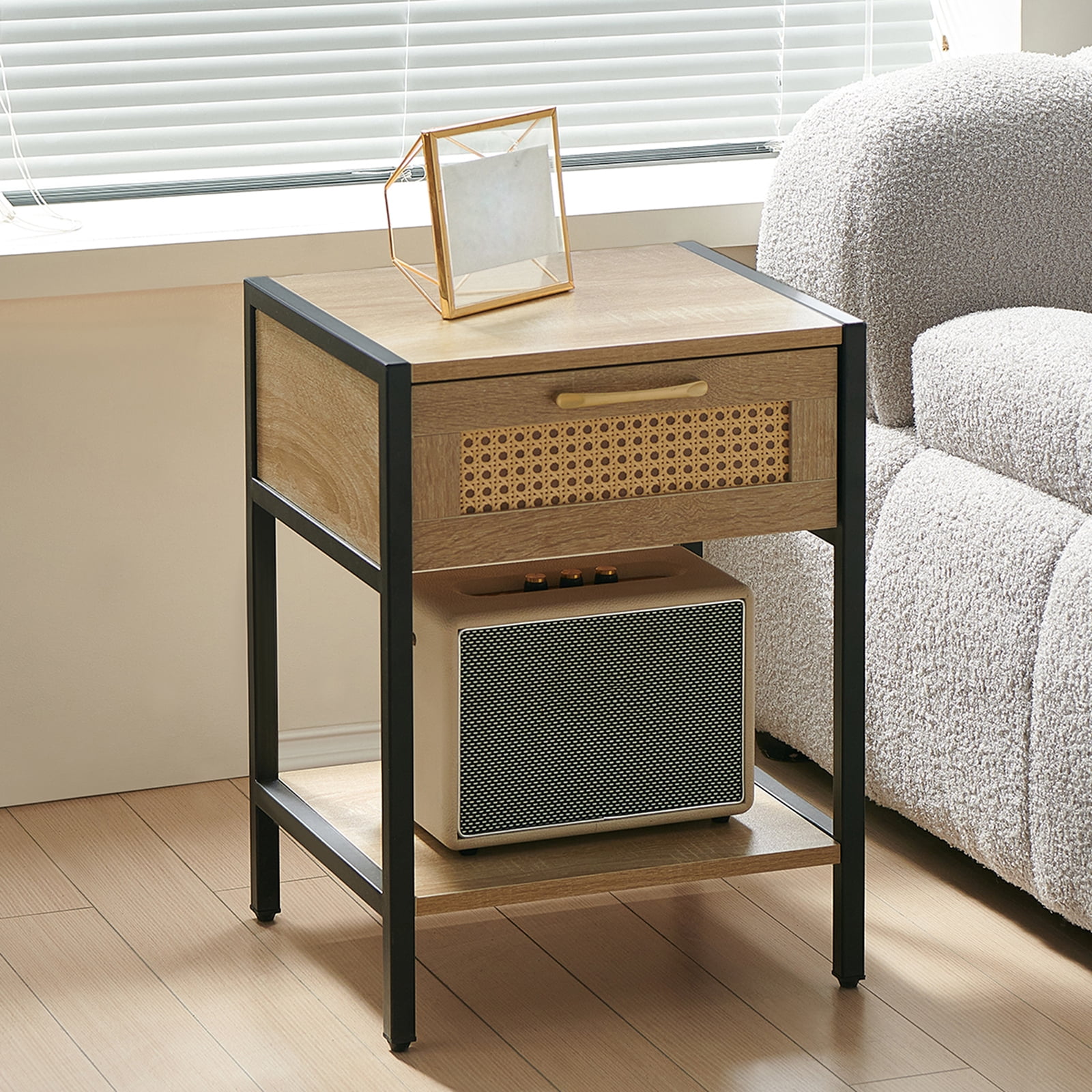Modern Rattan Nightstand,Side Table with Drawer Open Shelf ...