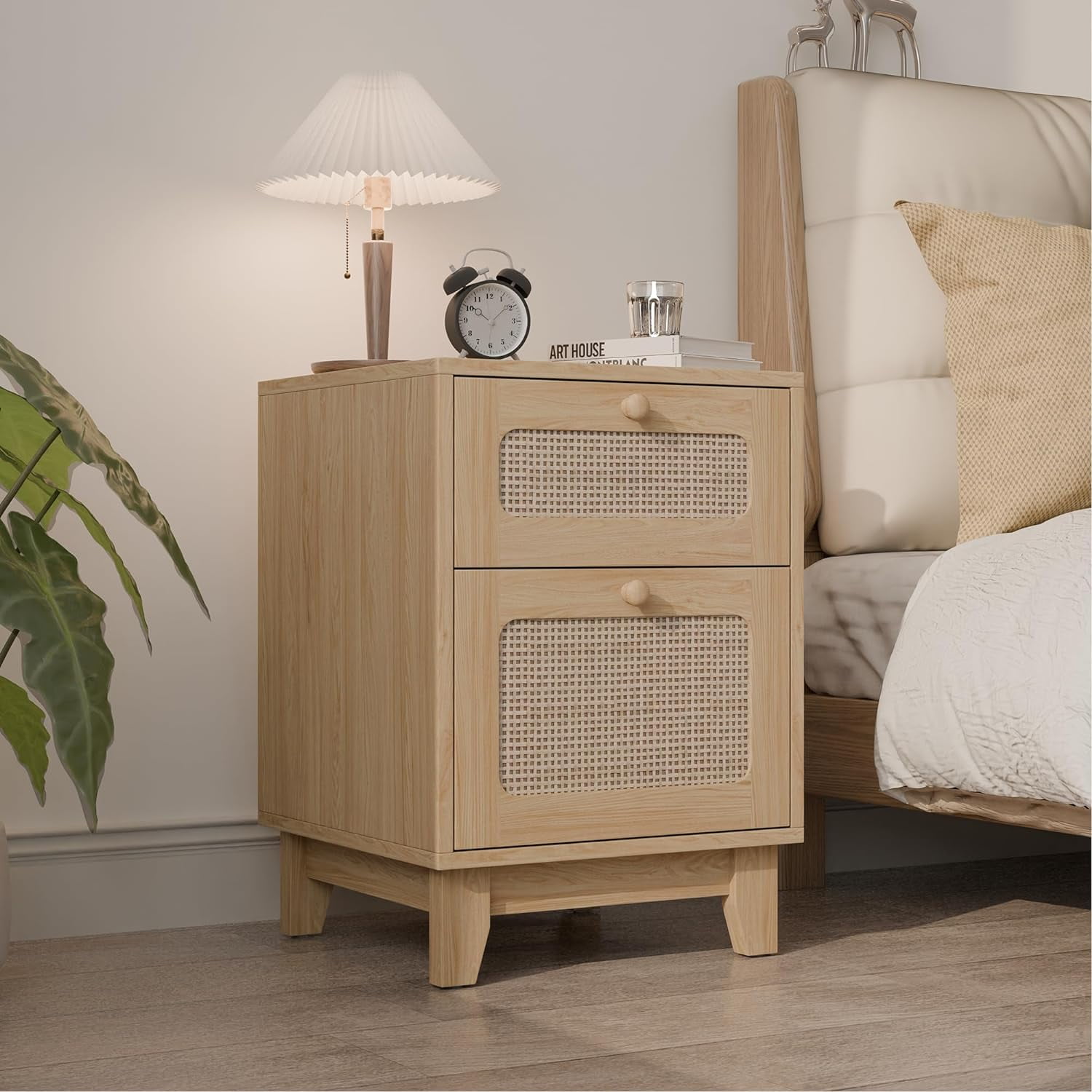 Modern Rattan Nightstand, Wicker Rattan Stand with Drawer and Charge ...