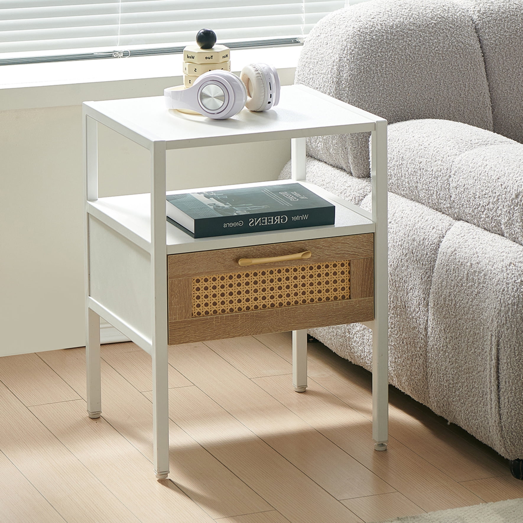 Modern Rattan TV Stand with Drawer,Boho Chic Bedside Tables with Metal ...