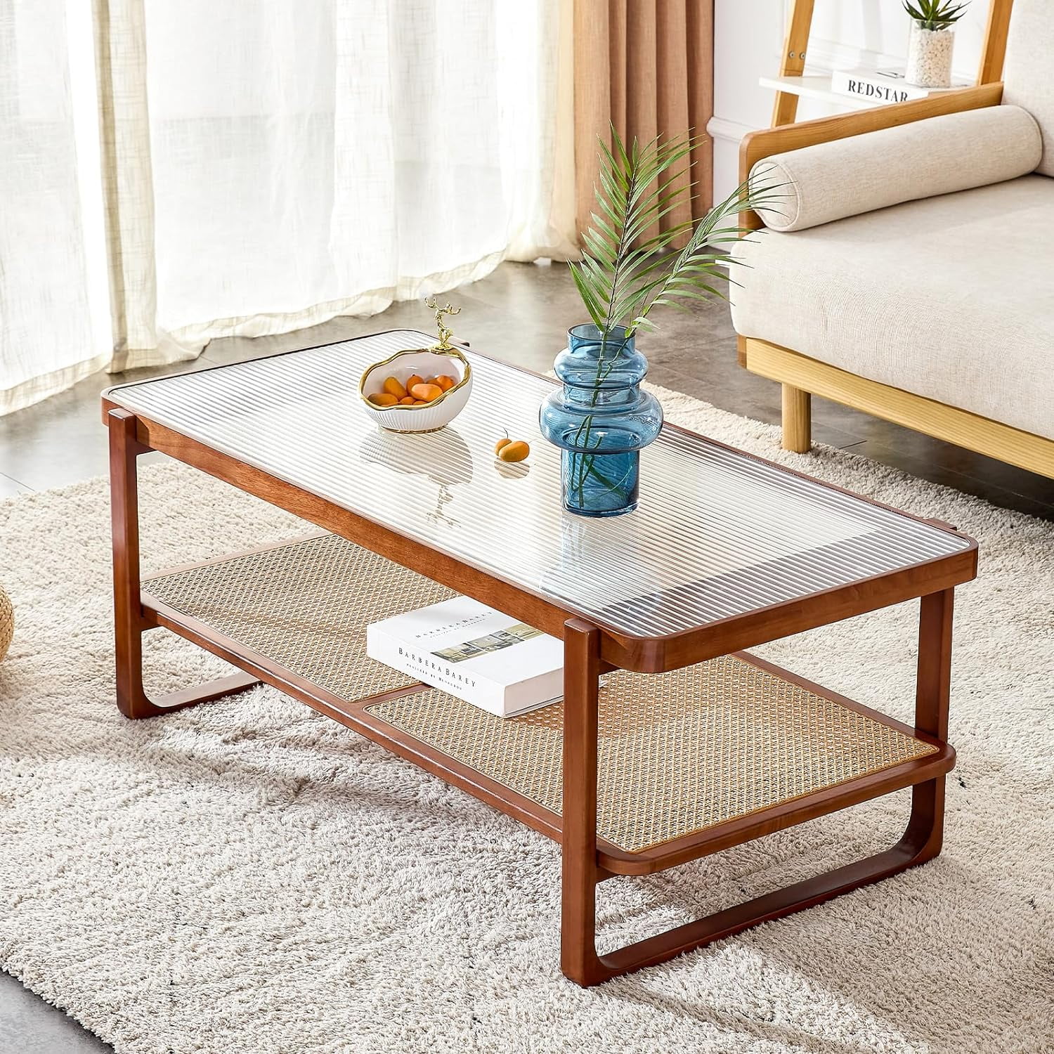 Modern Rattan Woven Tea Table with Solid Wood Glass Desktop, Chinese ...