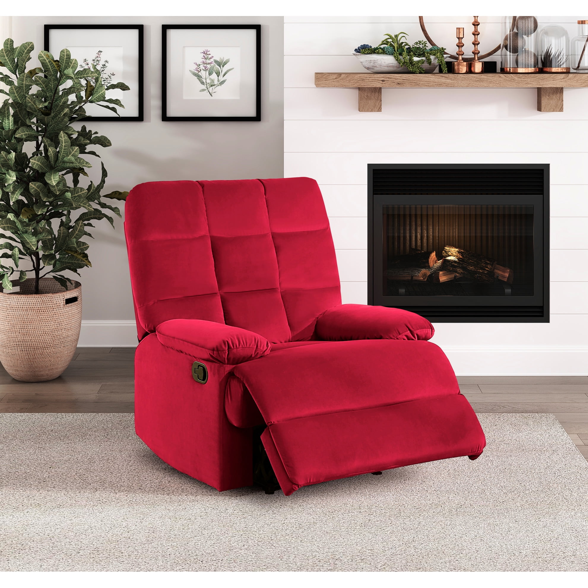 Modern Recliner In Red Velvet Fabric With Solid Wood Base And Square ...