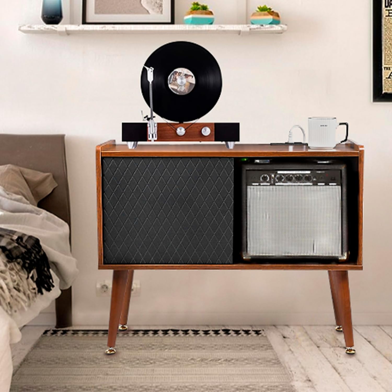 Modern Record Player Stand with Vinyl Storage Cabinet and Power Outlet ...