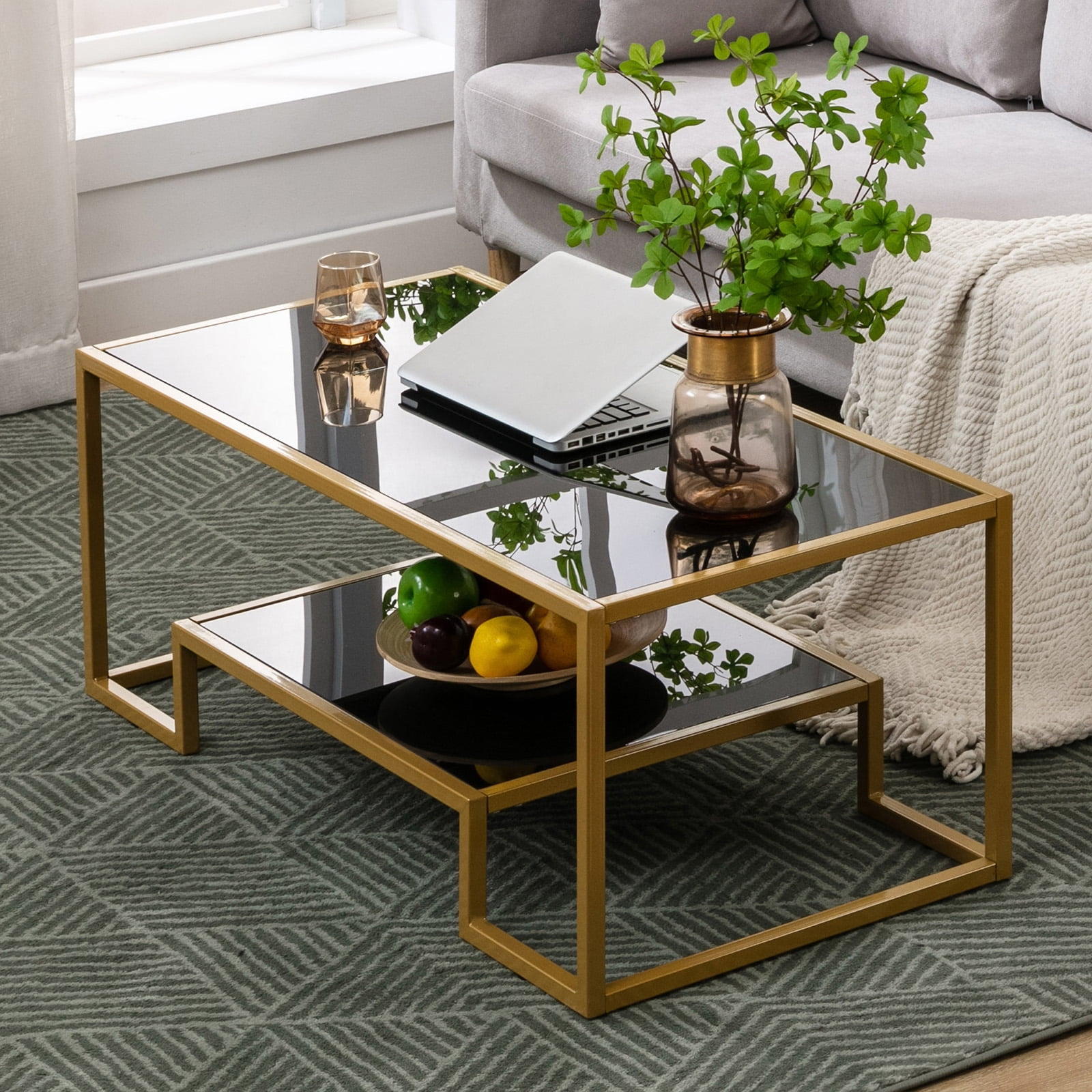 Modern Rectangle Black Glass Coffee Table Side Table Bronze Metal Frame ...