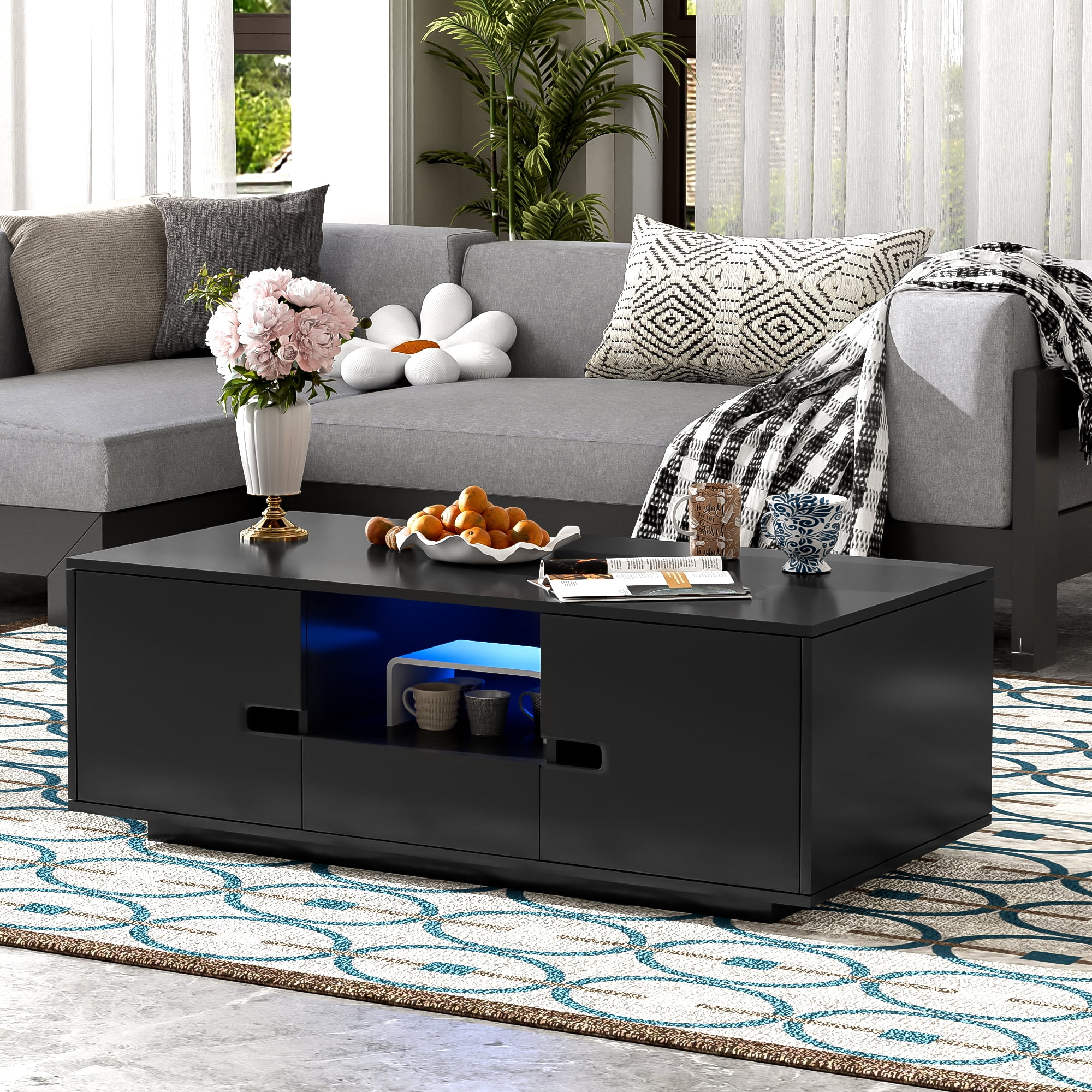 Modern Rectangle Coffee Table, Center Table with Storage Drawers Doors ...