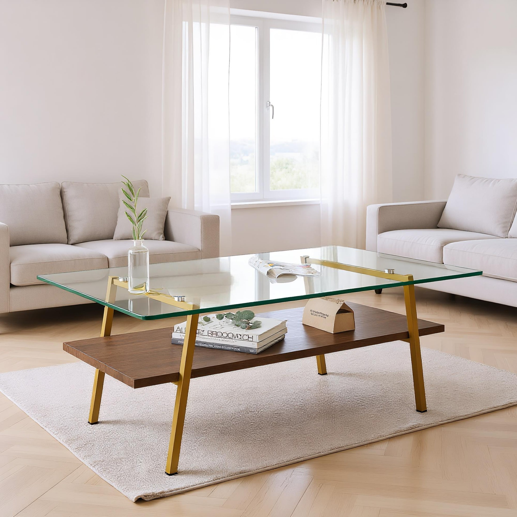 Modern Rectangle Coffee Table with Tempered Glass Top, Gold Metal Legs ...