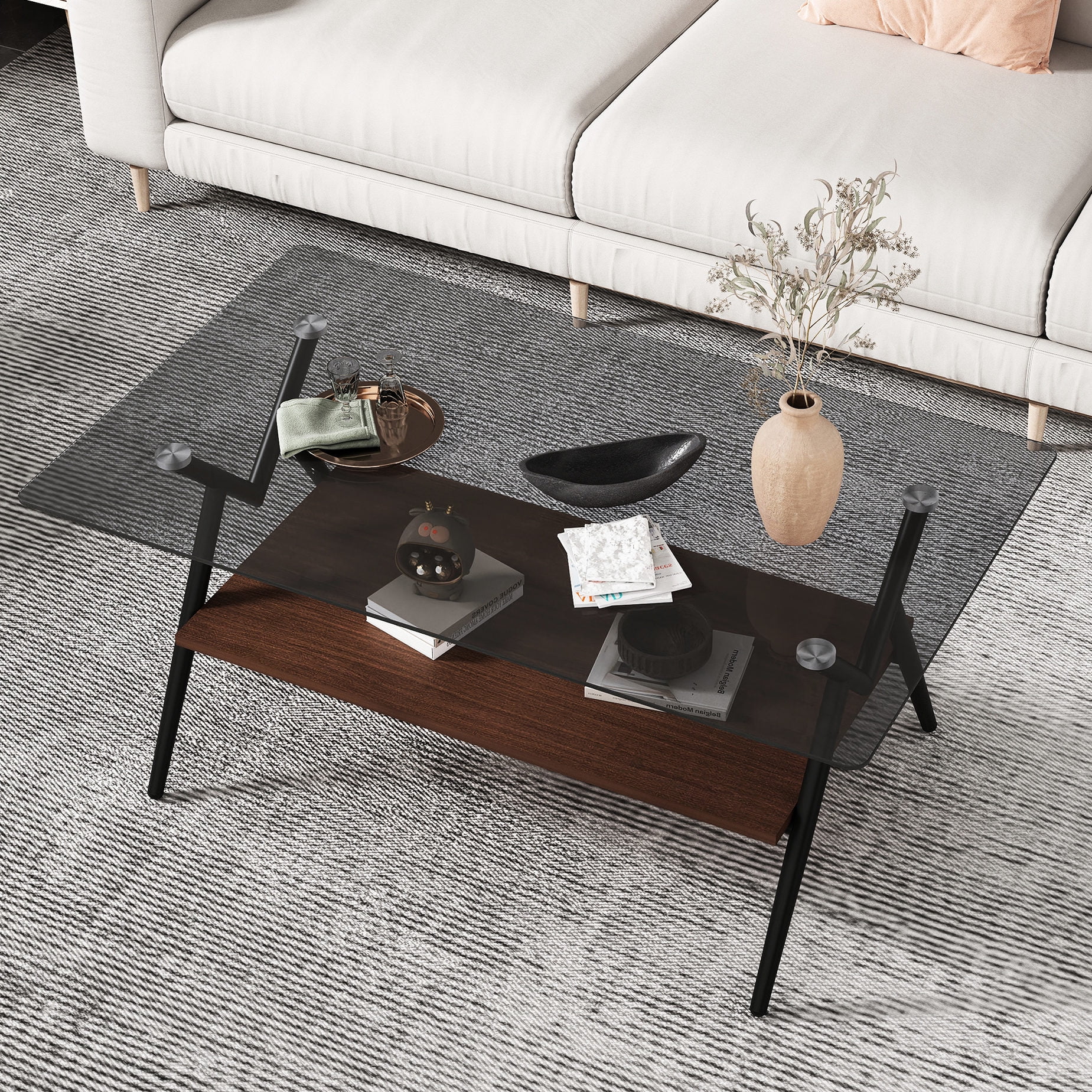 Modern Rectangle Coffee Table with Tempered Glass Top and Brown MDF ...