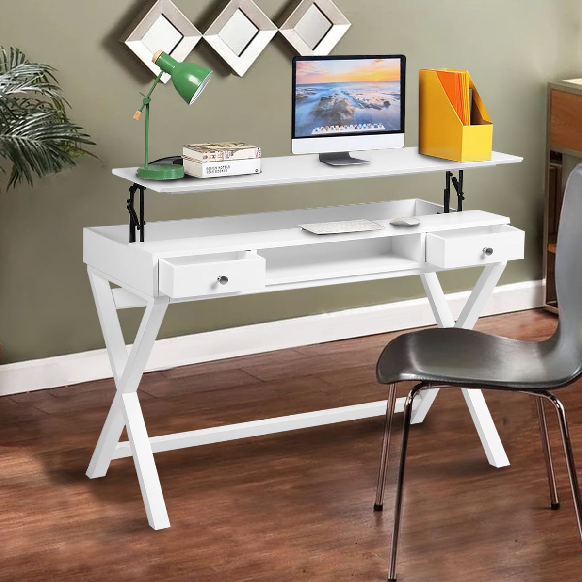 Modern Rectangle Computer Desk, Lift Desk with Storage Drawers for Home ...