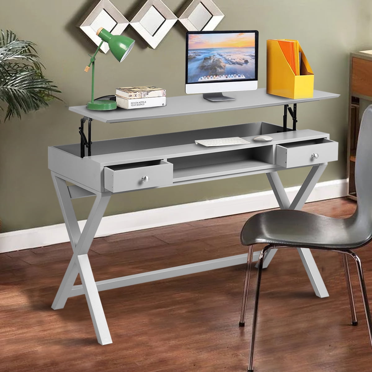 Modern Rectangle Computer Desk, Lift Desk with Storage Drawers for Home ...