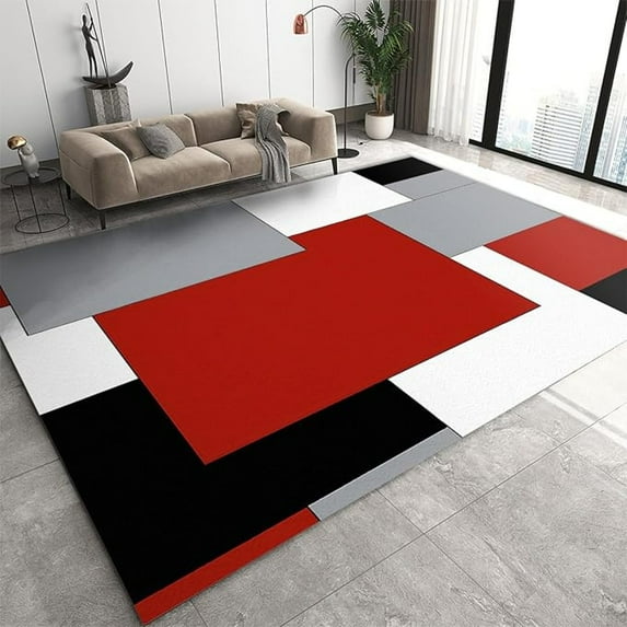 Modern Rectangle Geometric Area Rug For Living Room, Red Black White ...