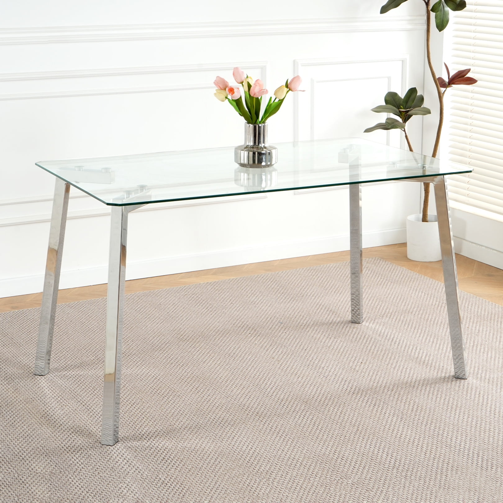 Modern Rectangle Glass Dining Table with Tempered Glass Top ...