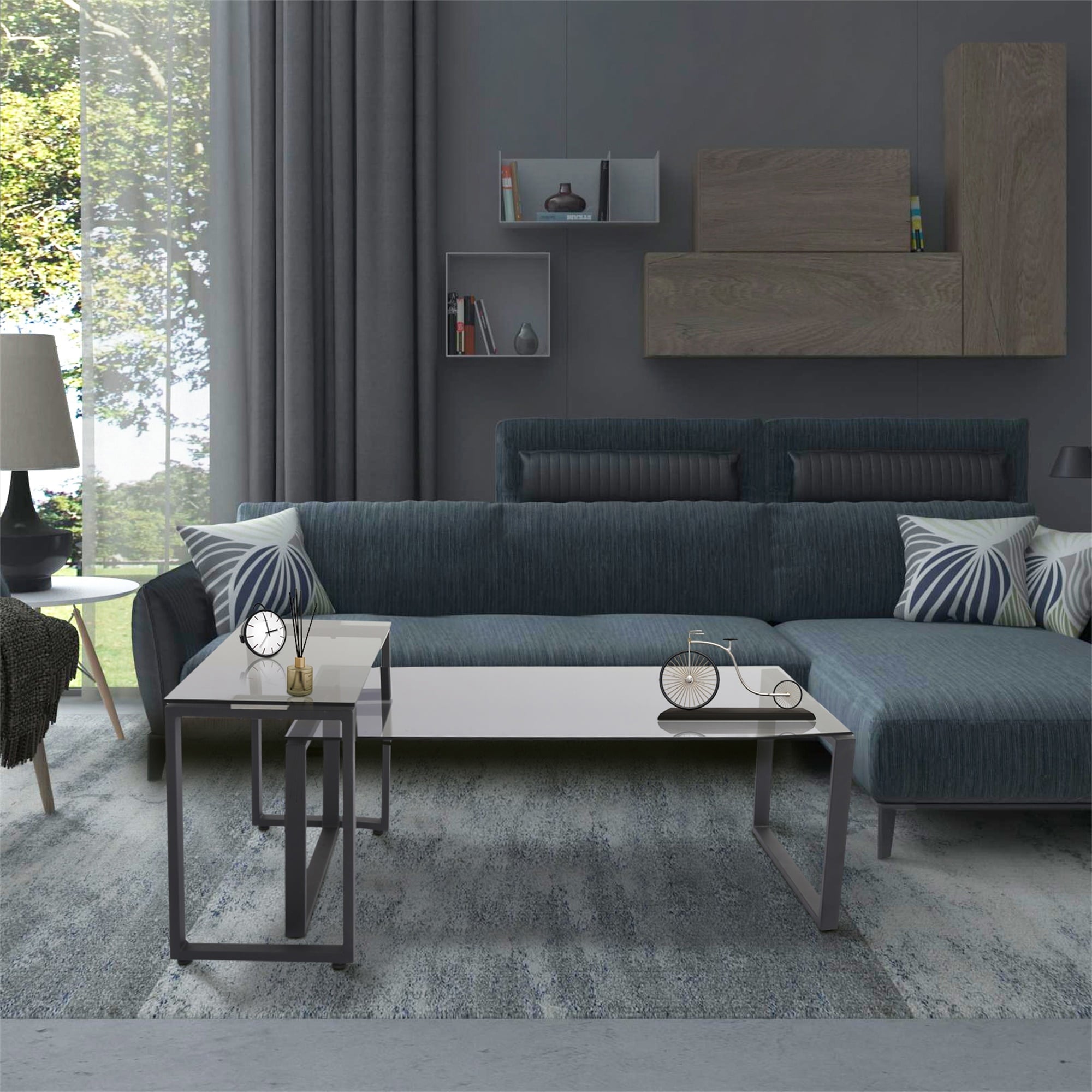 Modern Rectangle Glass Nesting Coffee Table Set, Black - Walmart.com