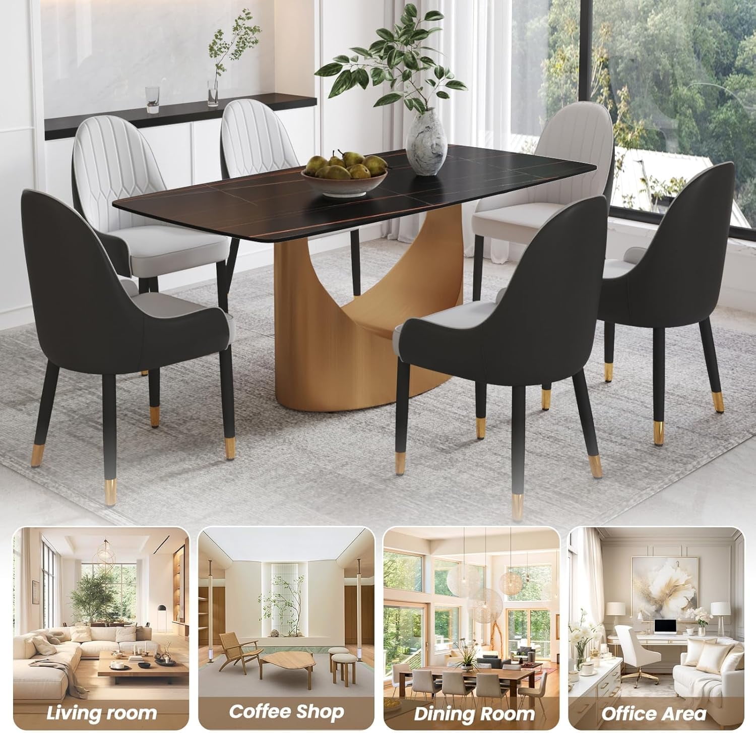 Modern Rectangle Marble Dining Table,63" Black Marble Sintered Stone ...