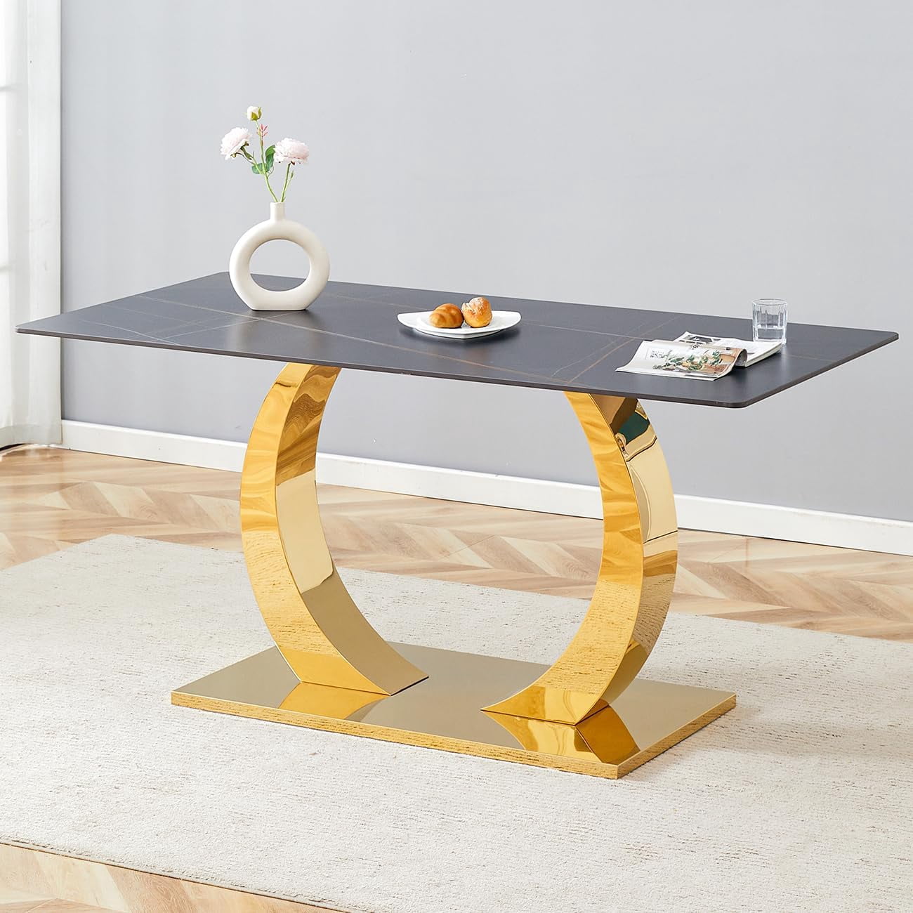 Modern Rectangle Slate Marble Texture Dining Table, 63" Black Sintered ...