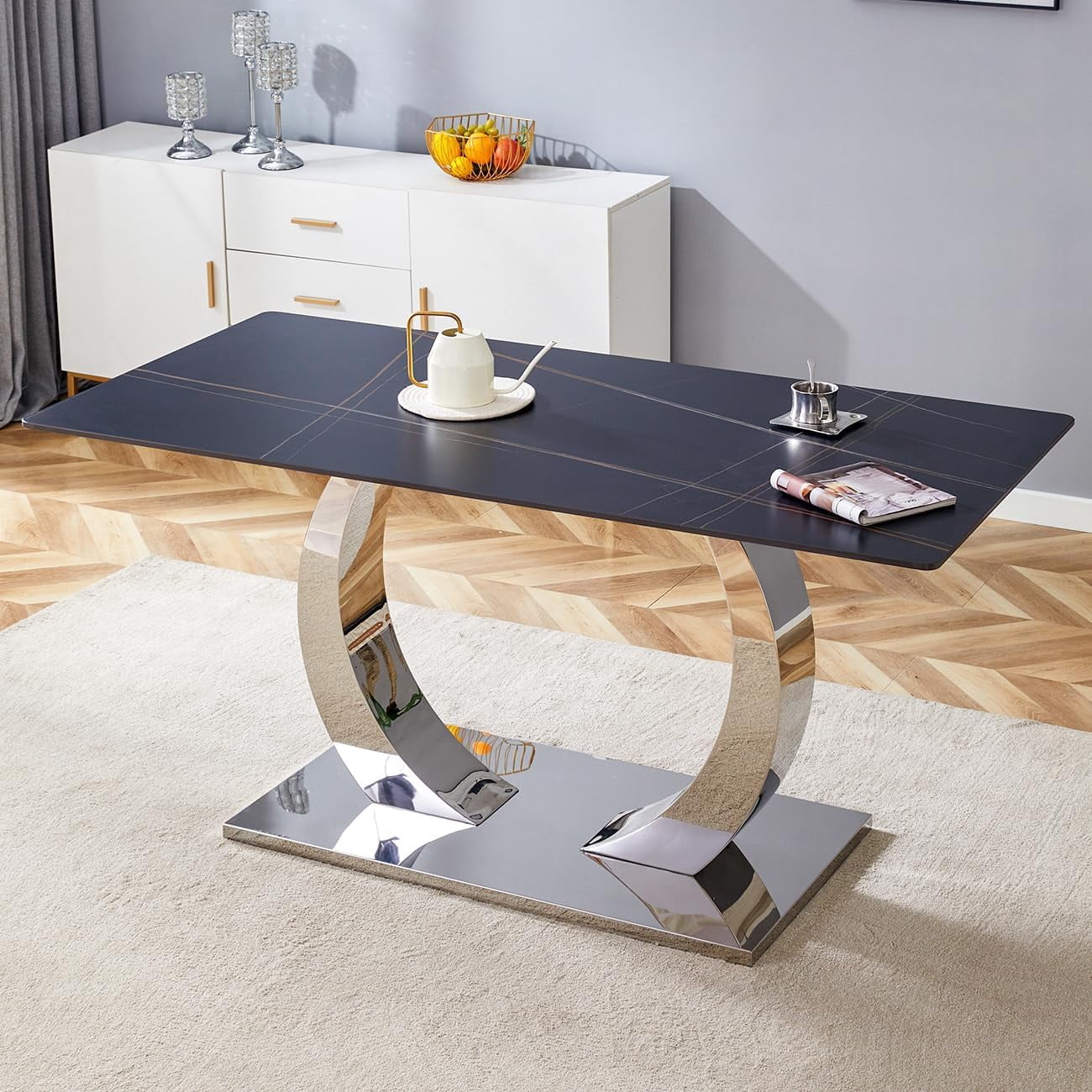 Modern Rectangle Slate Marble Texture Dining Table, 63" Black Sintered ...
