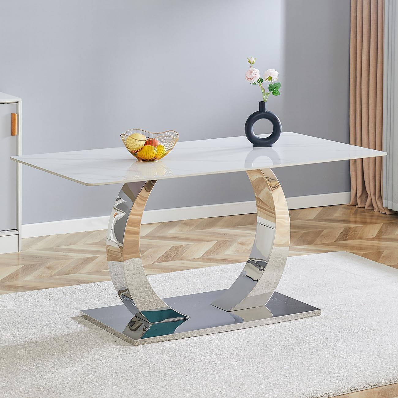 Modern Rectangle Slate Marble Texture Dining Table, 63" White Sintered ...