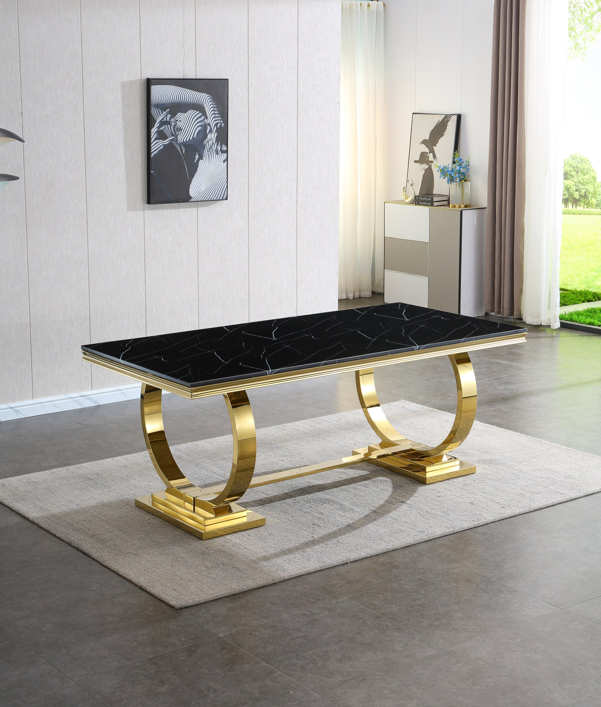 Modern Rectangular Black Marble Dining Table, 0.71" Thick Marble Top ...