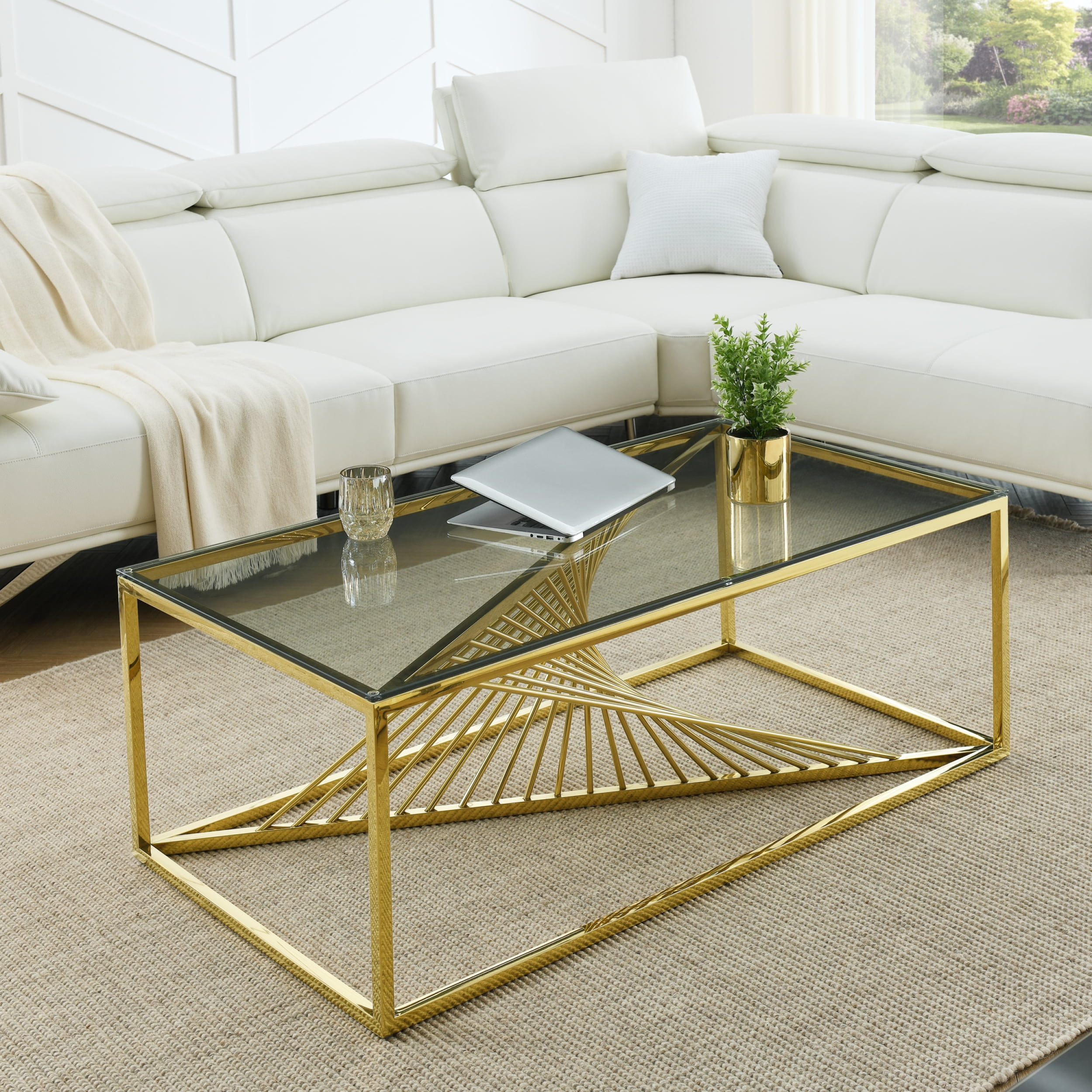 Modern Rectangular Coffee Accent Table with Clear Tempered Glass Top ...