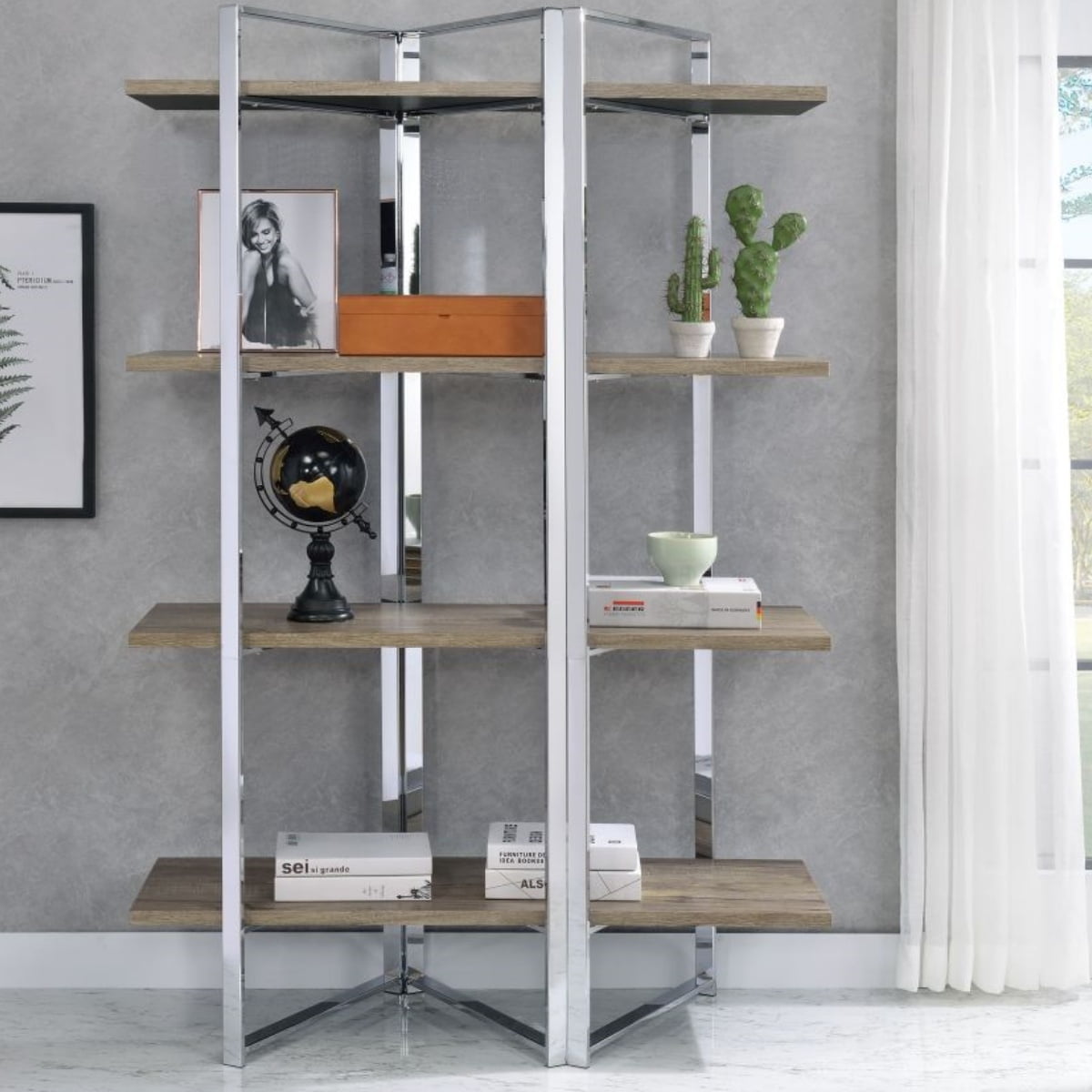 Modern Rectangular Four-Tier Bookshelf – Freestanding Wood and Chrome Metal Bookshelf with Open ...