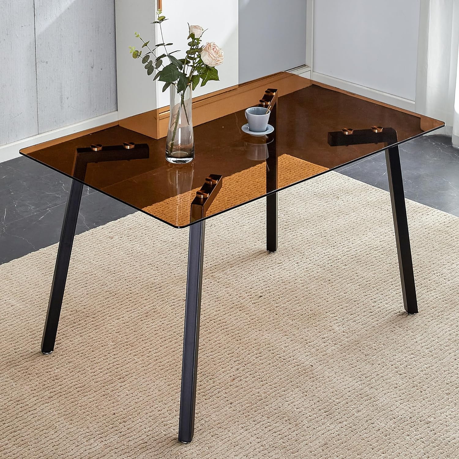 Modern Rectangular Glass Dining Table for 4-6, Tempered Glass Tabletop ...