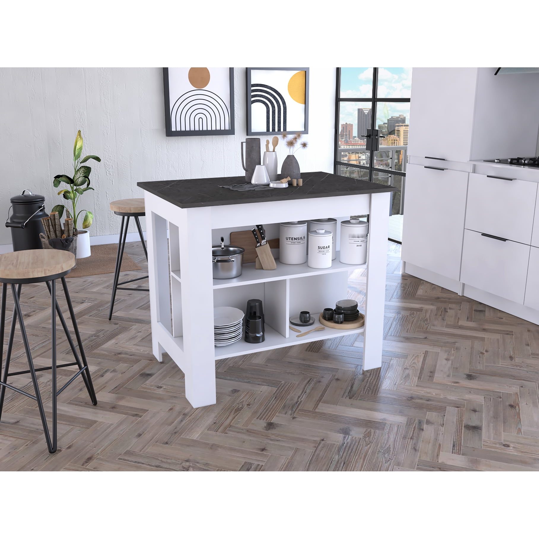 Modern Rectangular Kitchen Island, 3 Shelves For Pantry Storage - White / 4 Legged Island With ...