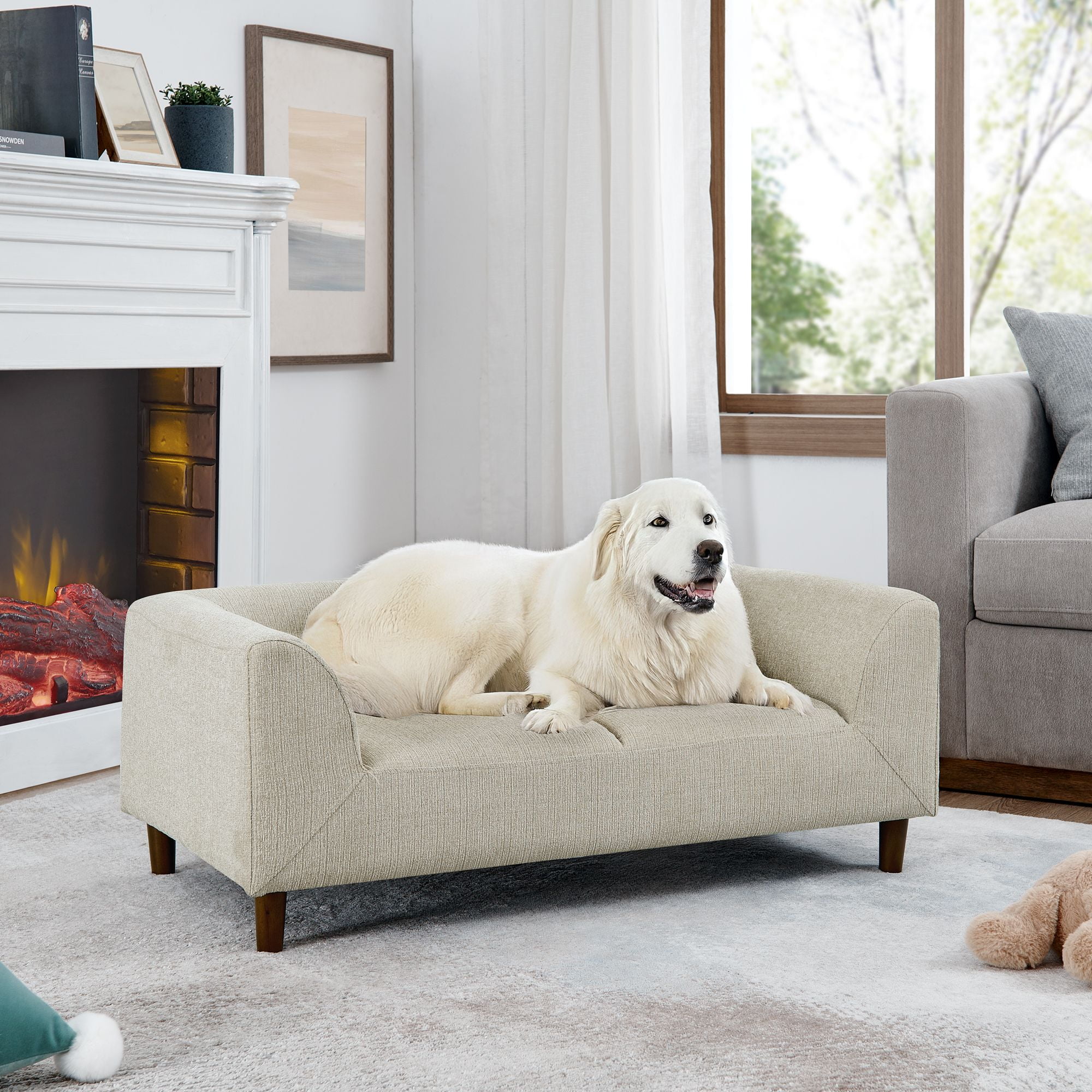 Modern Rectangular Pet Sofa for Small & Medium Dogs - Beige Plush Dog ...