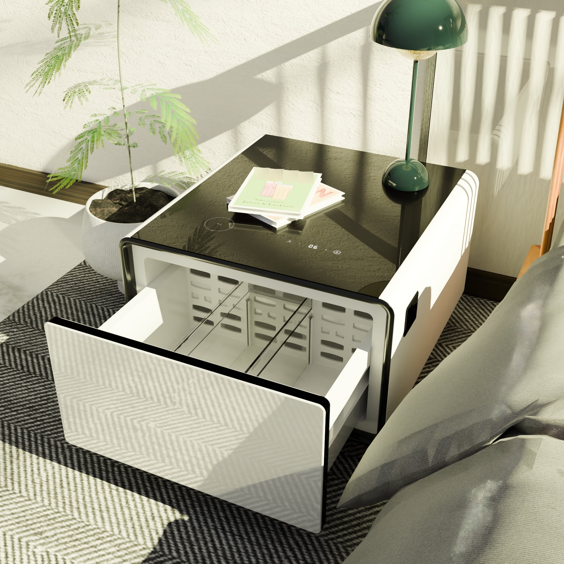 Modern Rectangular Side Table With Built-in Fridge, Ports, Temperature ...