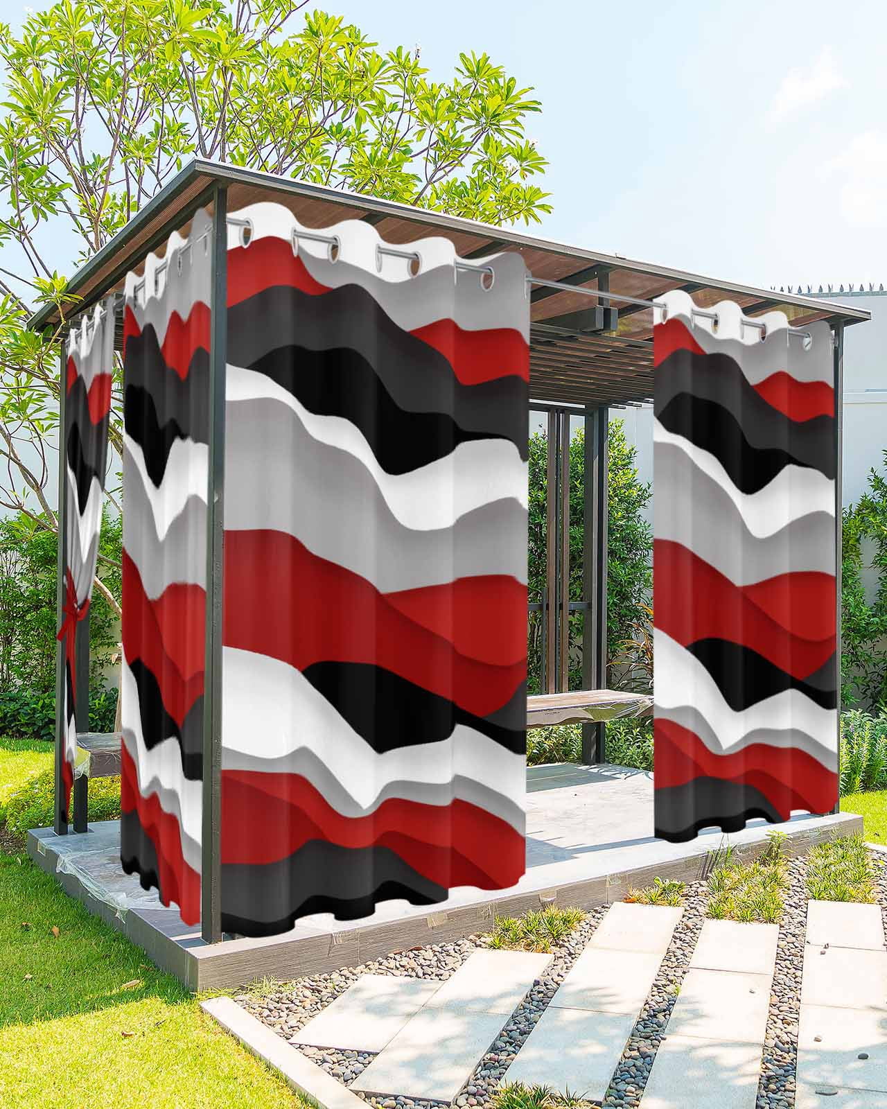 Modern Red Black Outdoor Curtains for Patio Waterproof, Ocean Waves ...