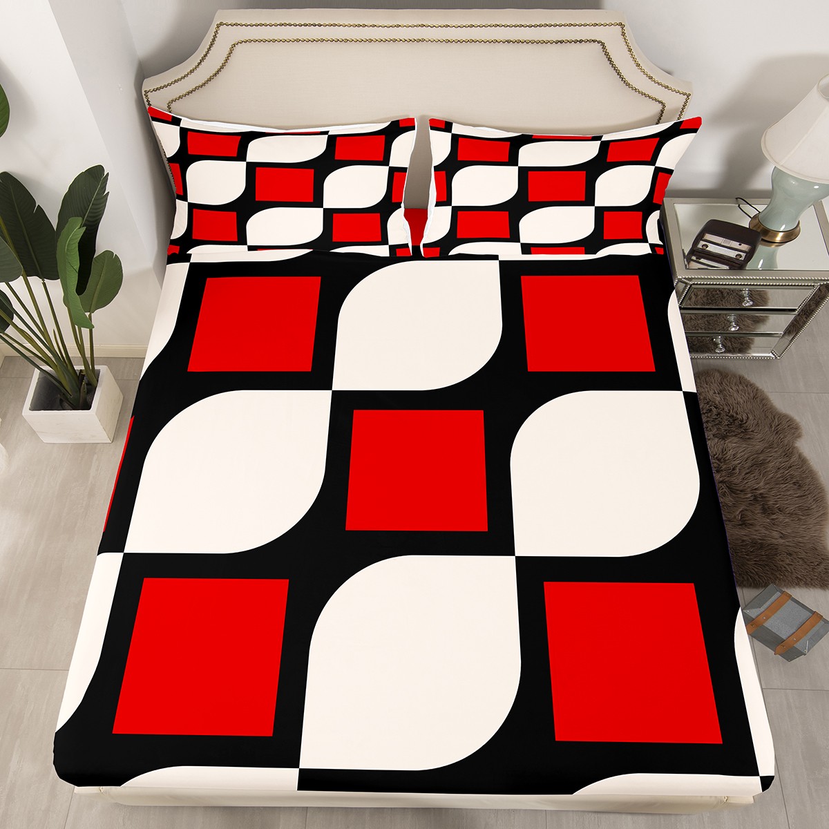 Modern Red Black White Fitted Sheet, Full Size Geometric Square Swirls ...