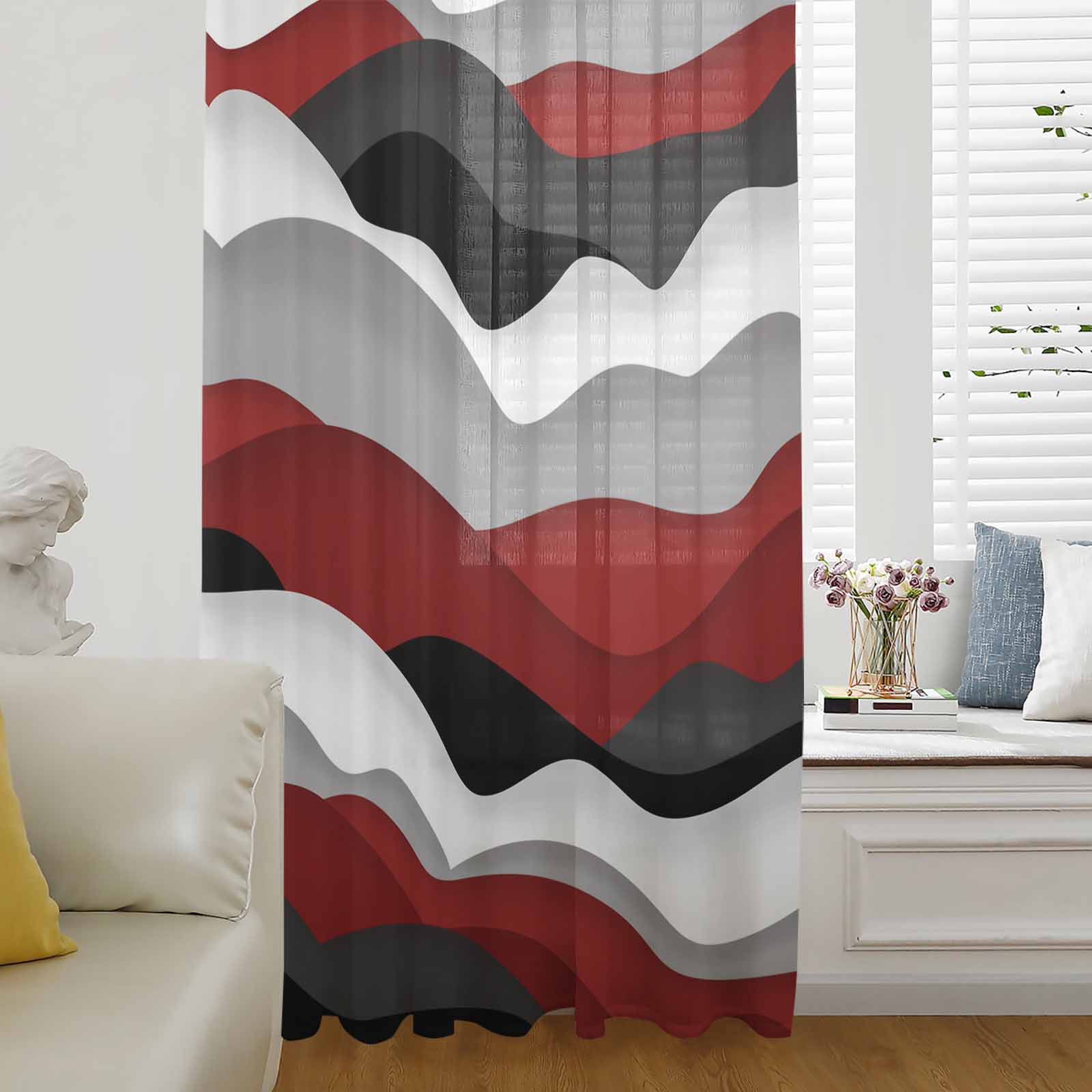 Modern Red Black Window Curtain 96 Inches Long,Ocean Waves Geometric ...