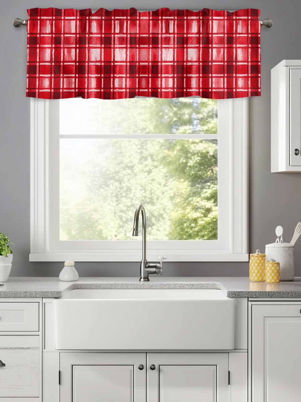 Modern Red Buffalo Plaid Valances for Windows,Kitchen Valance Rod ...