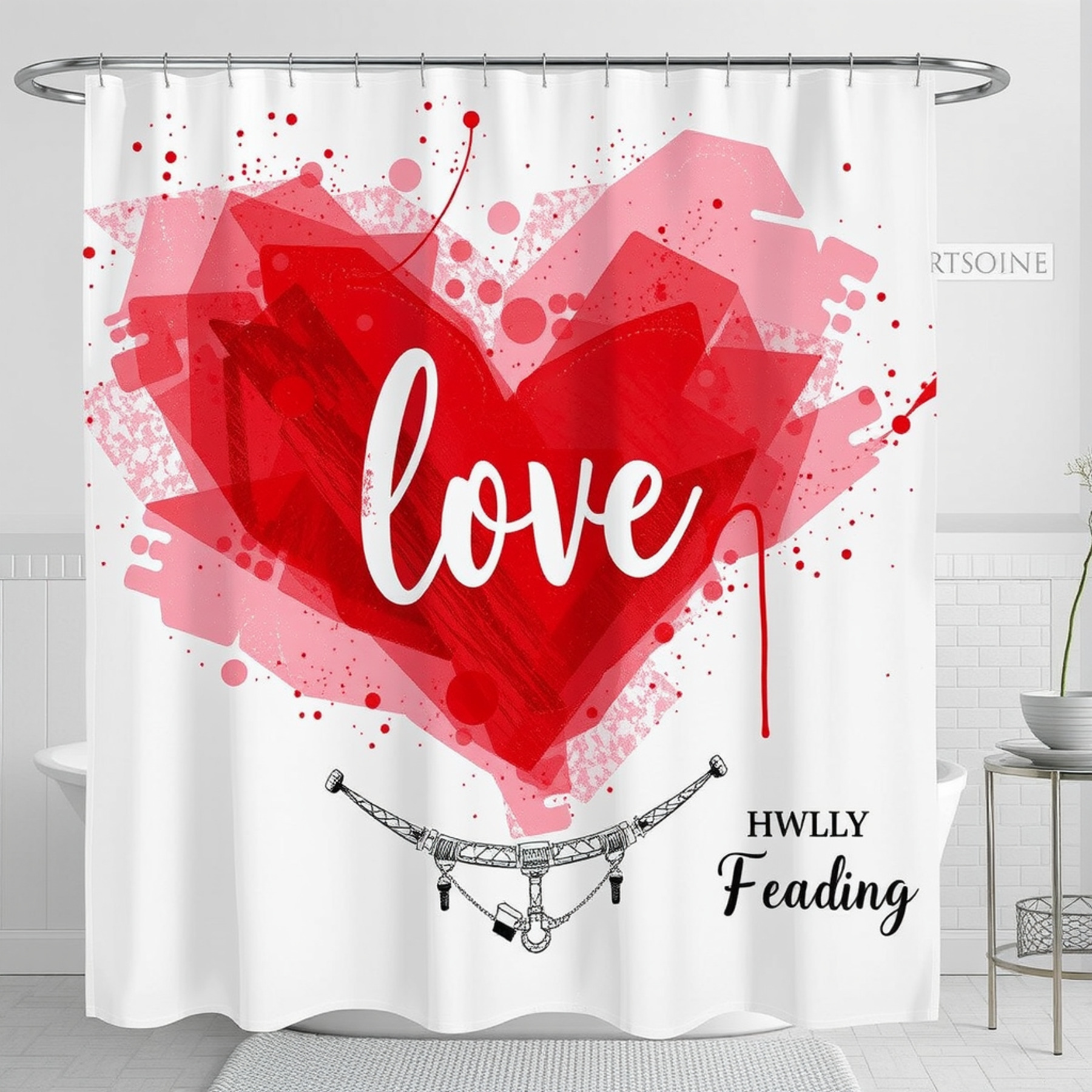 Modern Red Heart Shower Curtain with 'Love' in Cursive - Whimsical ...