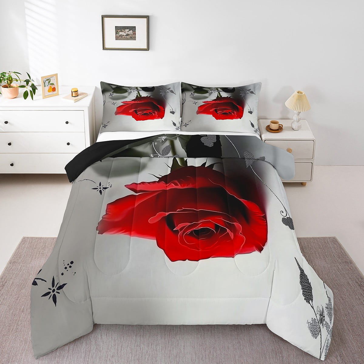 Modern Red Rose Comforter Set, Romance Flower Floral Decor Bedding Sets ...