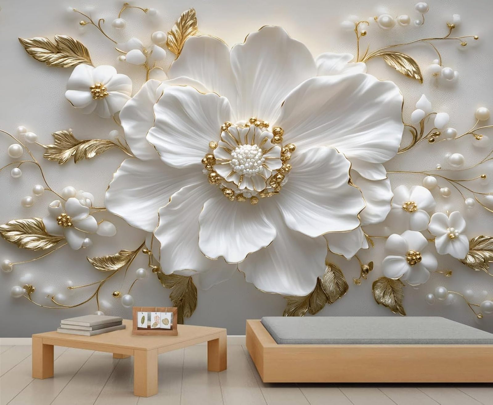 Modern Relief White Flowers Wall Mural, Luxury Golden Leaves Wallpaper ...