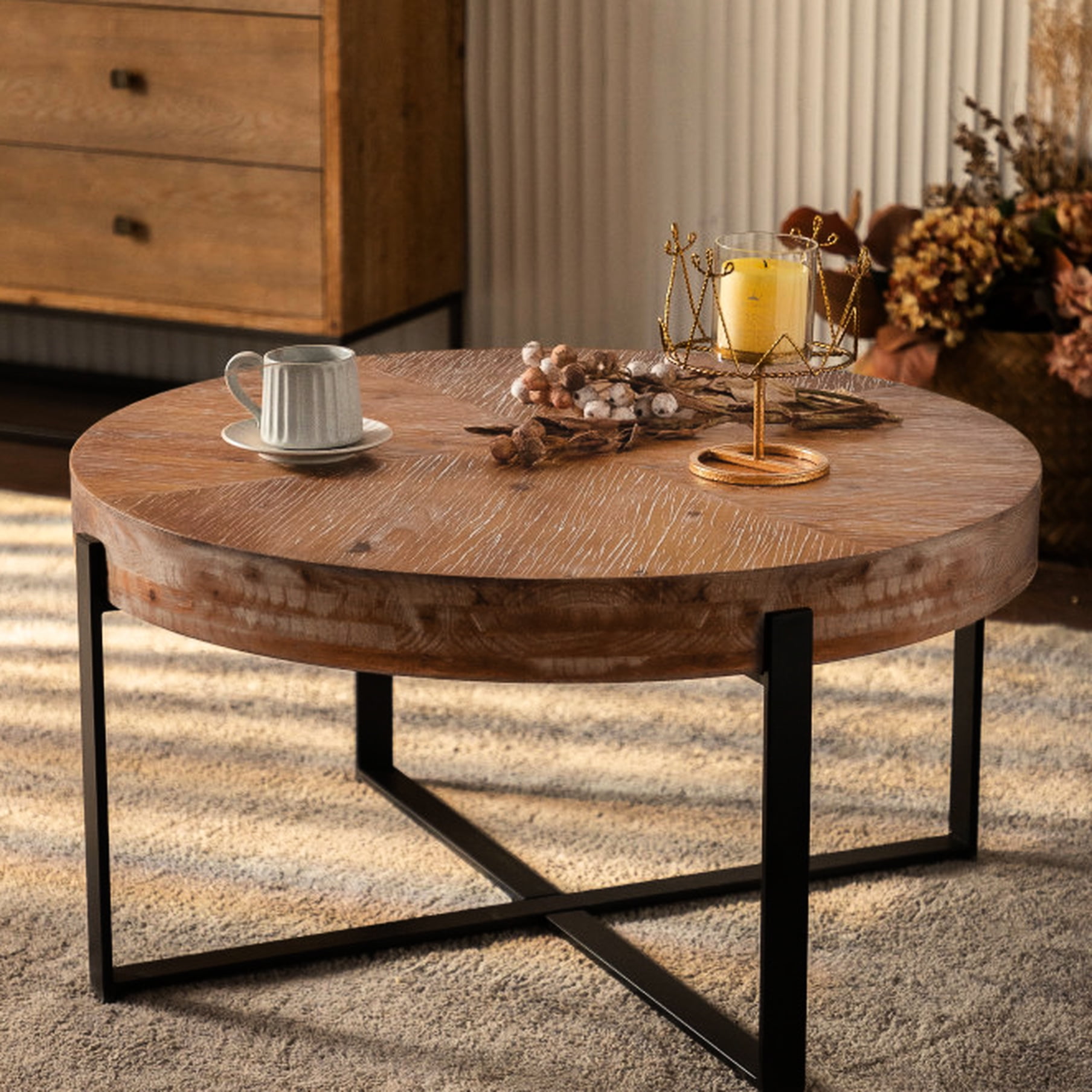Modern Retro Coffee Table, 33.96", Fir, Black Legs, Splicing Style 33. ...