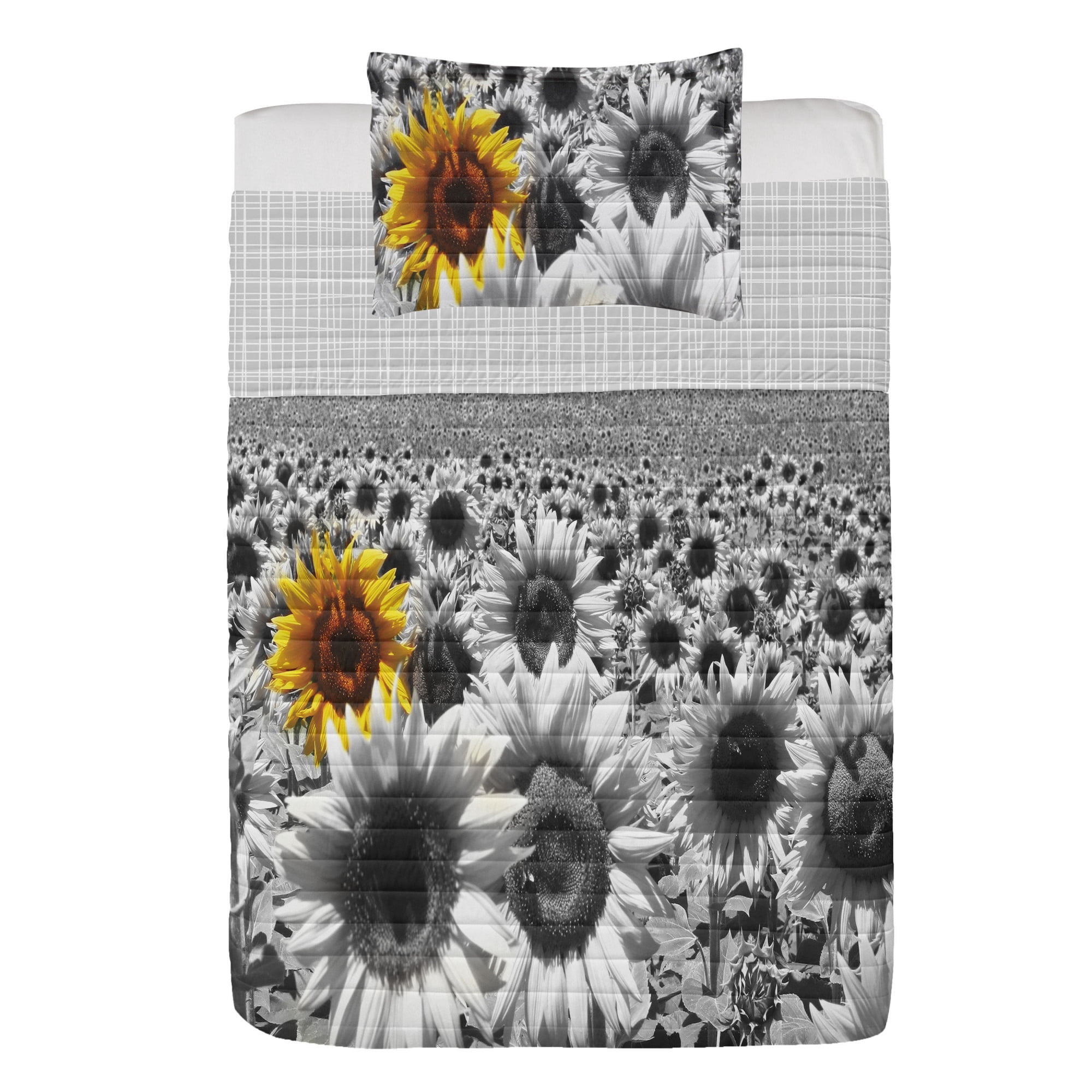 Modern Reversible Bedspread Set, Sunflower Field Black and White a ...