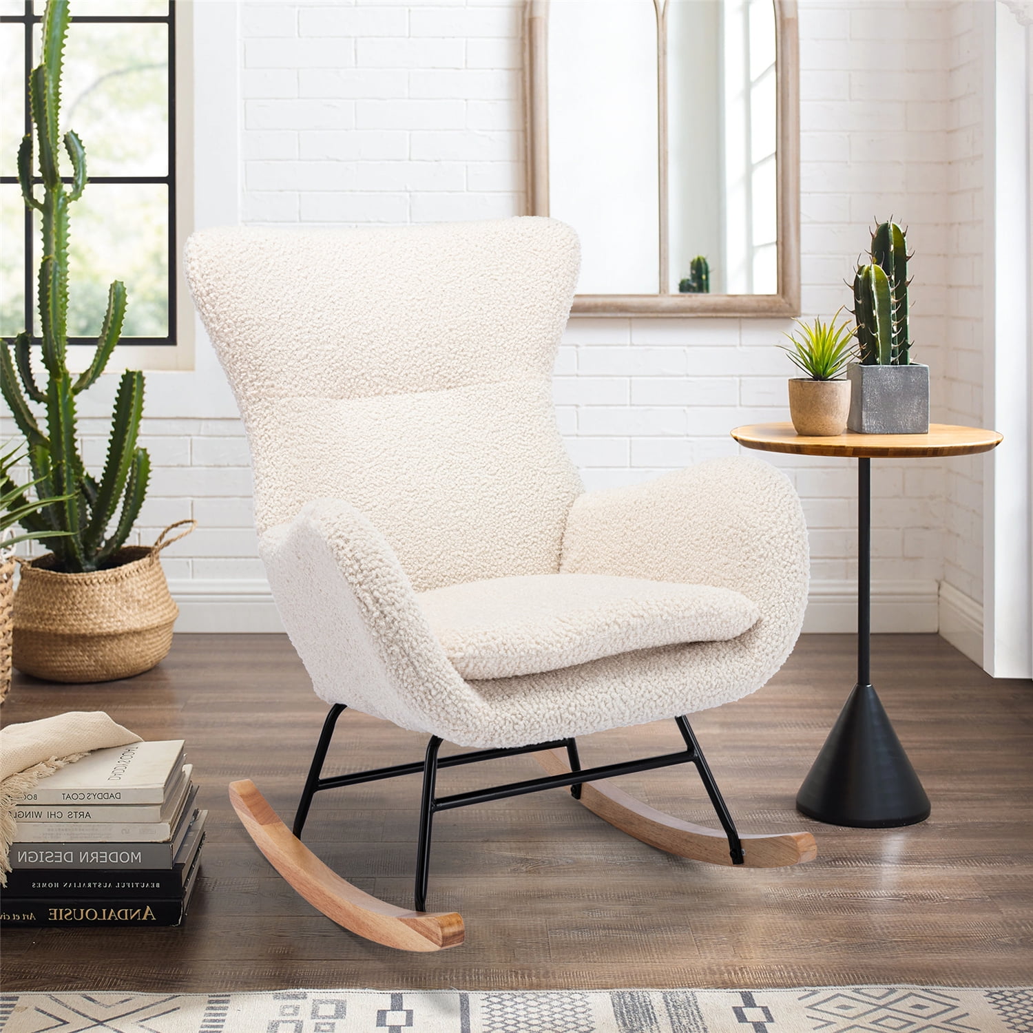 Modern Rocking Chair Accent Chair, Teddy Fabric Armchair Single Sofa ...