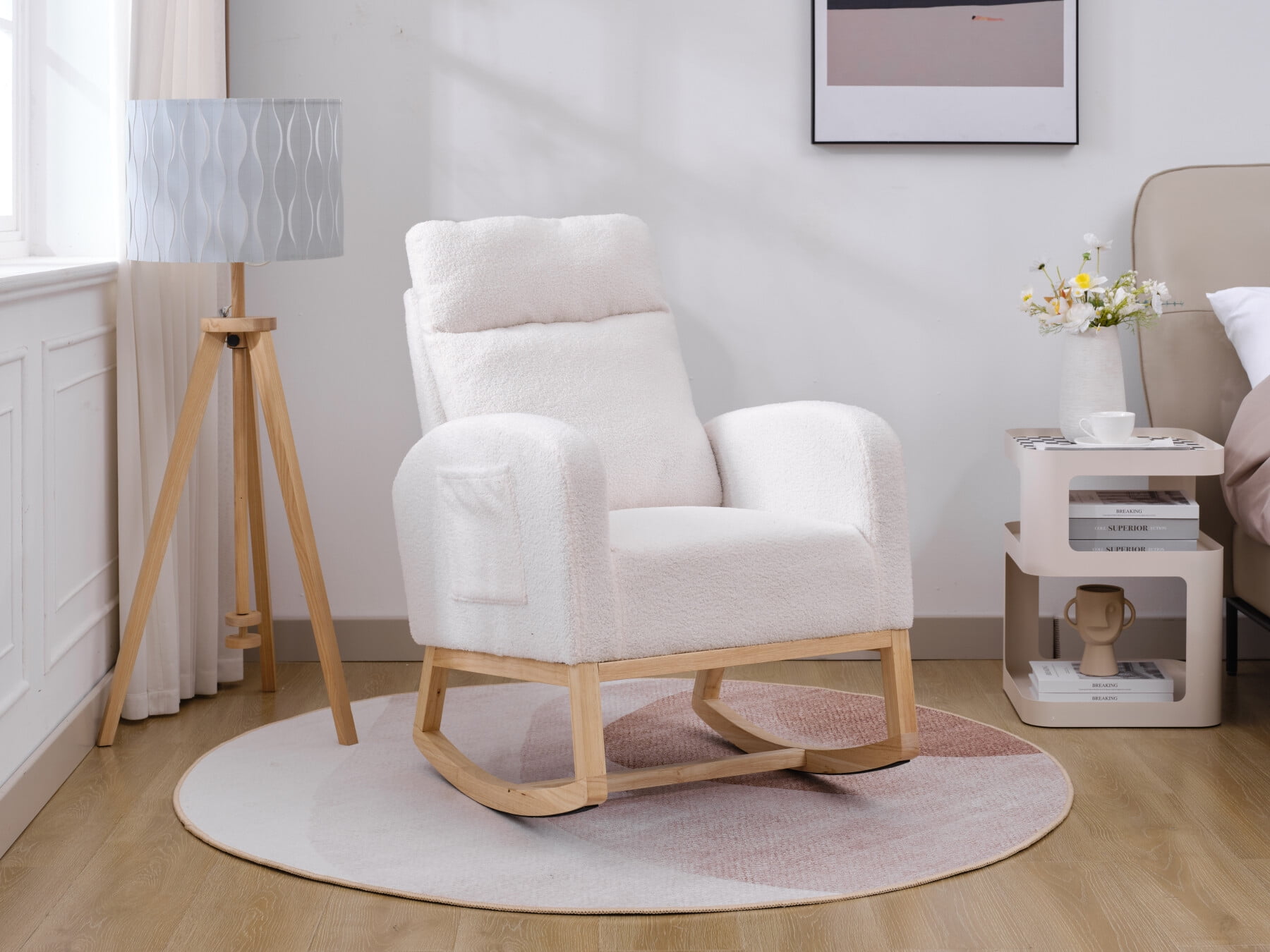 Modern Rocking Chair Nursery, Soft Teddy Fabric Glider Rocker with High ...