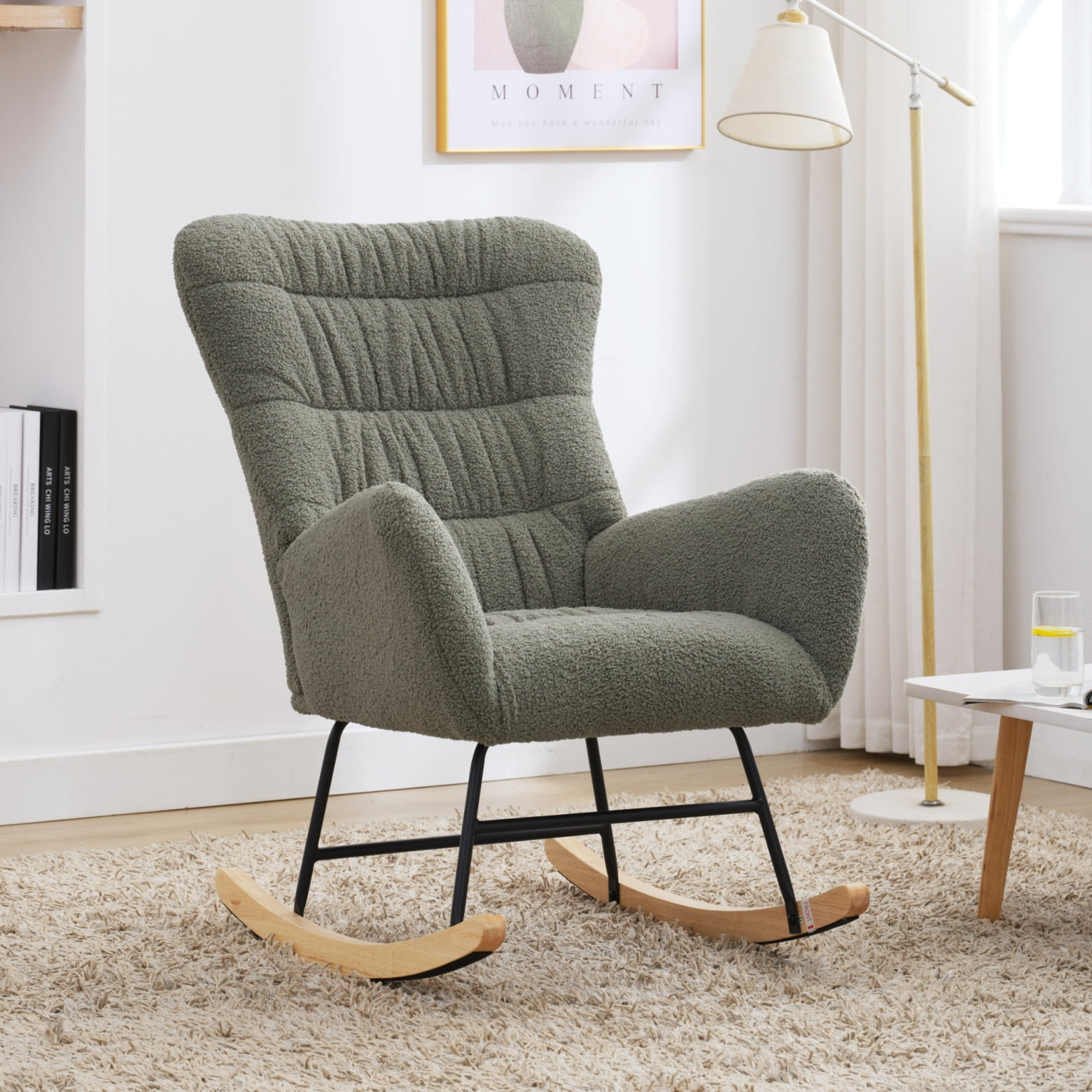 Modern Rocking Chair Nursery, Soft Teddy Fabric Glider Rocker with High ...